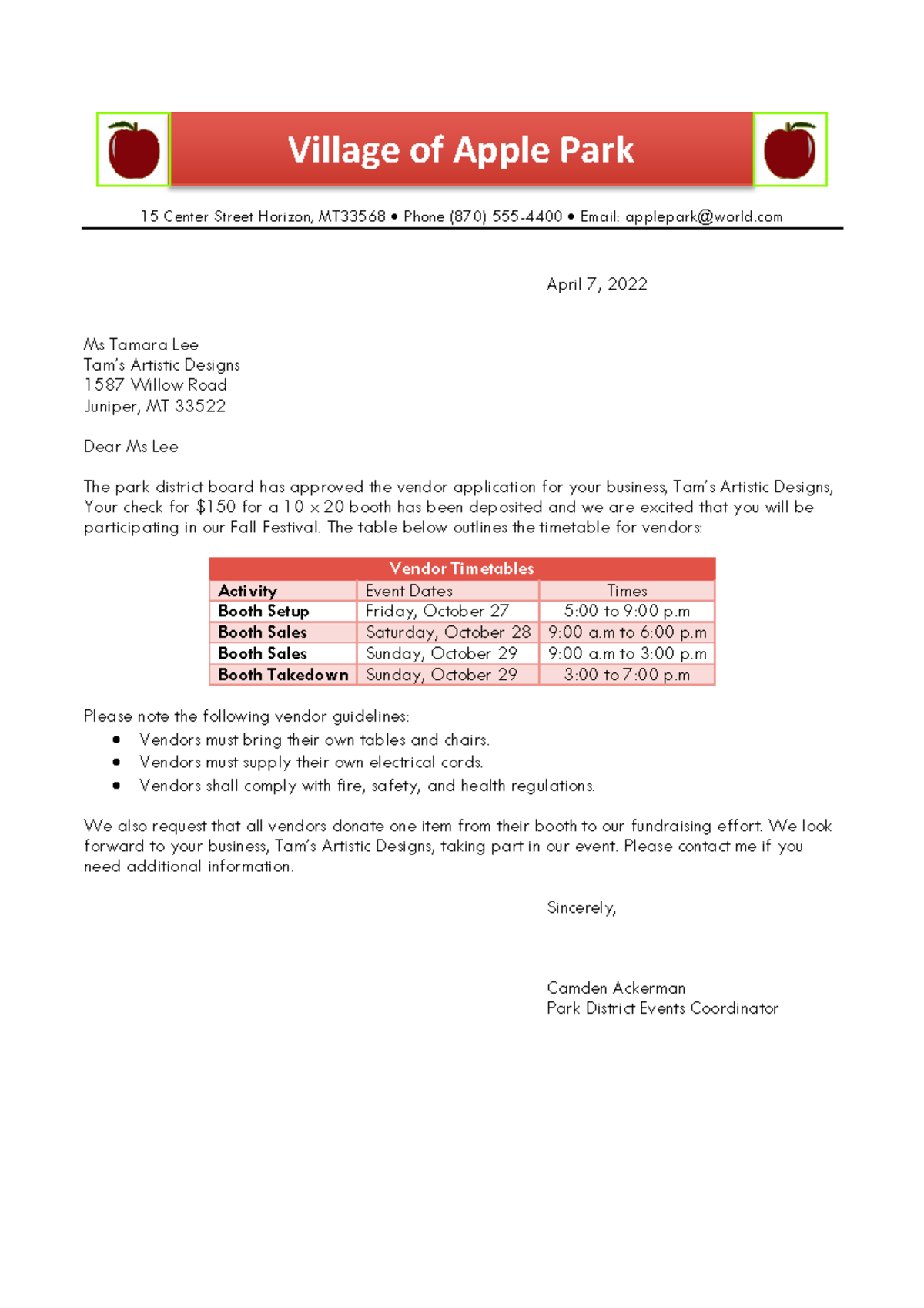 Practice material Apple Park Letter Module 3 - 15 Center Street Horizon ...