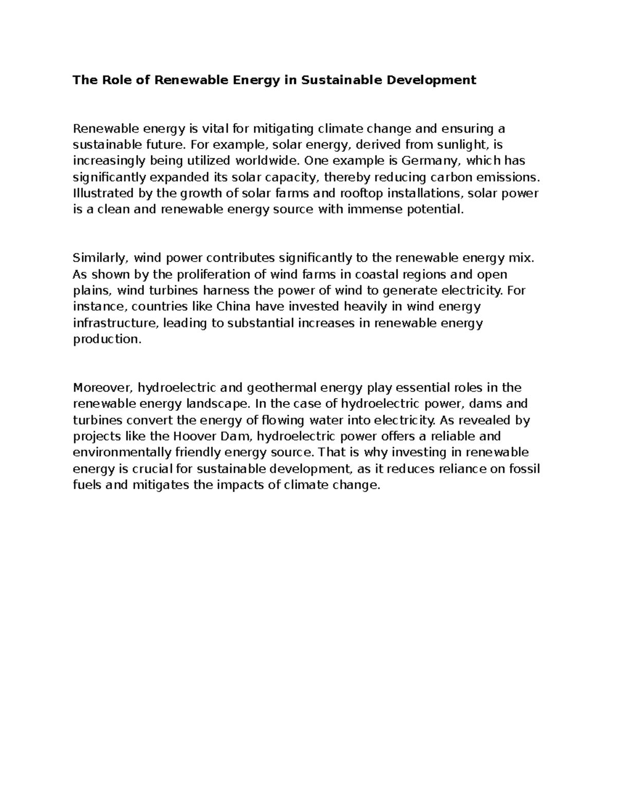 CCD Essay - The Role of Renewable Energy in Sustainable Development ...