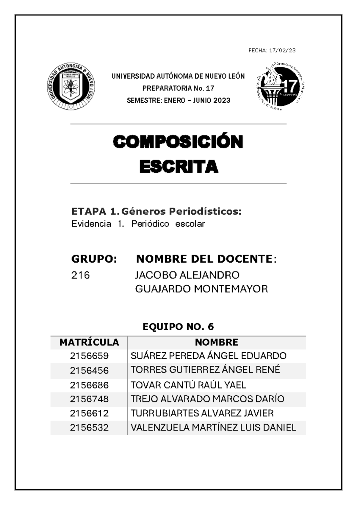 Composición Escrita - Etapa 1 - Evidencia - FECHA: 17 / 02 ...