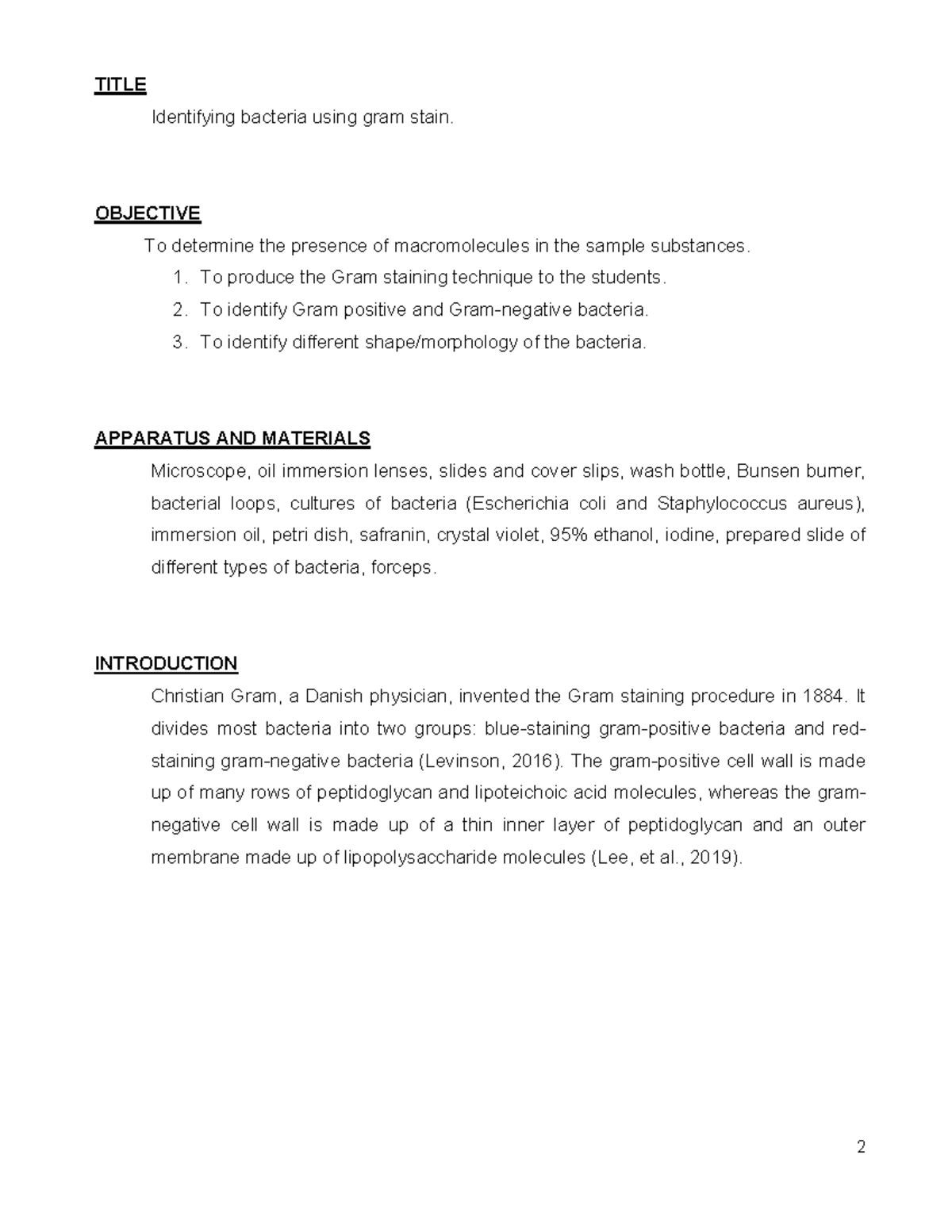 lab report - Identifying bacteria using gram stain - TITLE Identifying ...