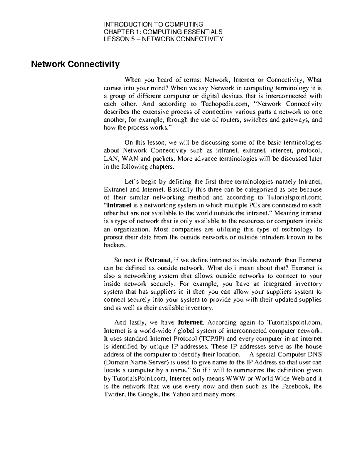 W2 Network Connectivity - Module - INTRODUCTION TO COMPUTING CHAPTER 1 ...