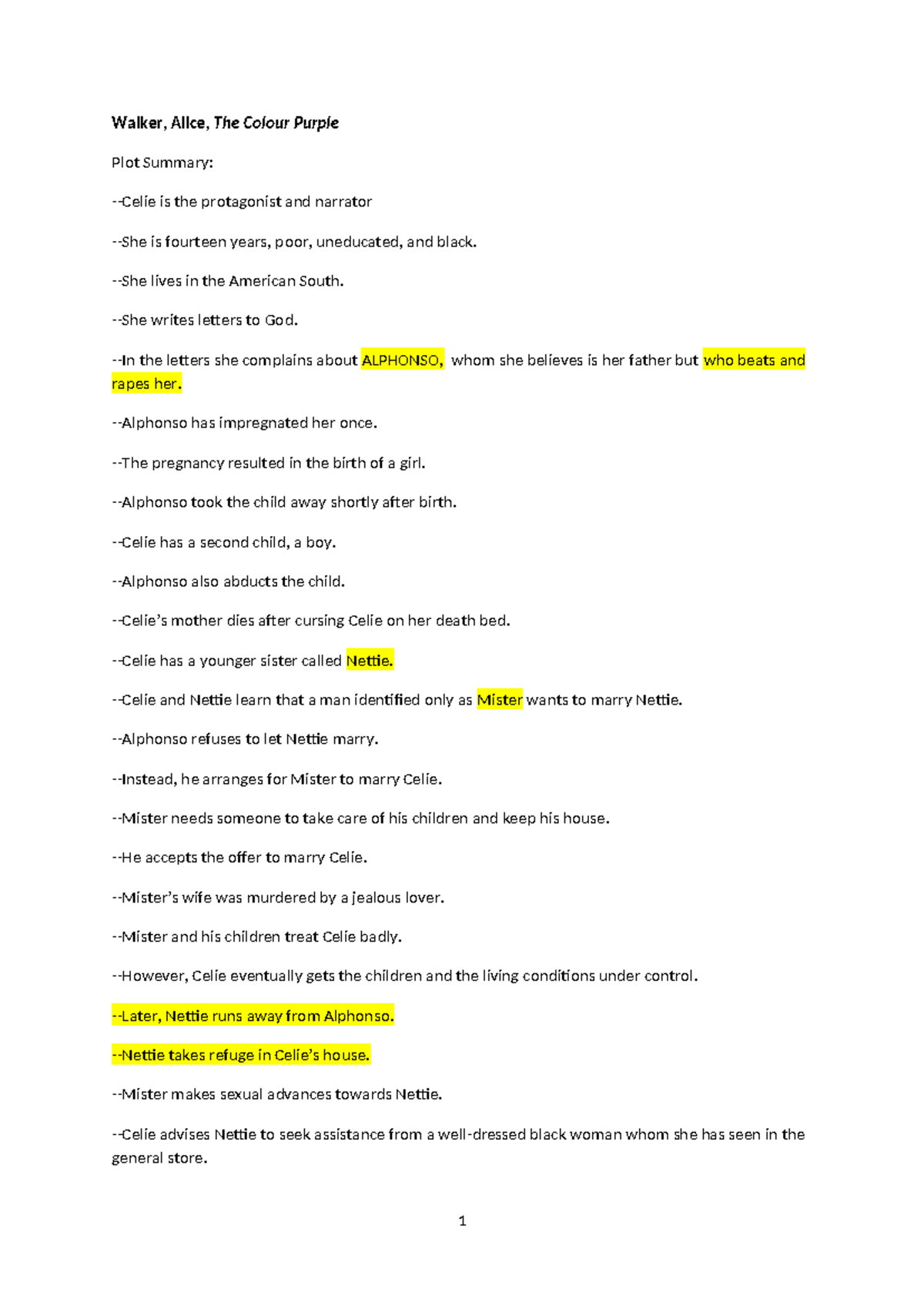 THE Colour Purple PLOT Summary - Walker, Alice, The Colour Purple Plot ...