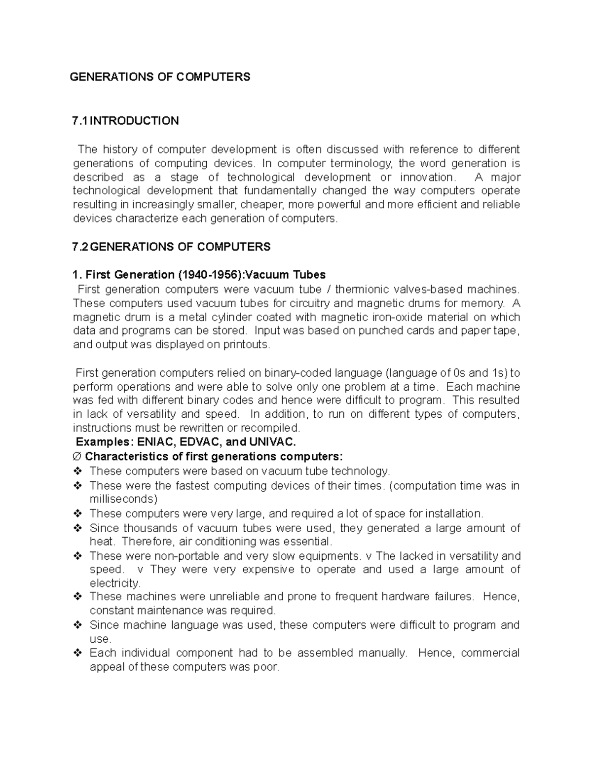 Generations-OF- Computers - GENERATIONS OF COMPUTERS 7 INTRODUCTION The history of computer ...