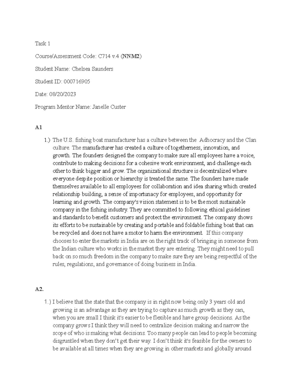 C 714 Business Strategy Task 1 - Task 1 Course/Assessment Code: C714 v ...