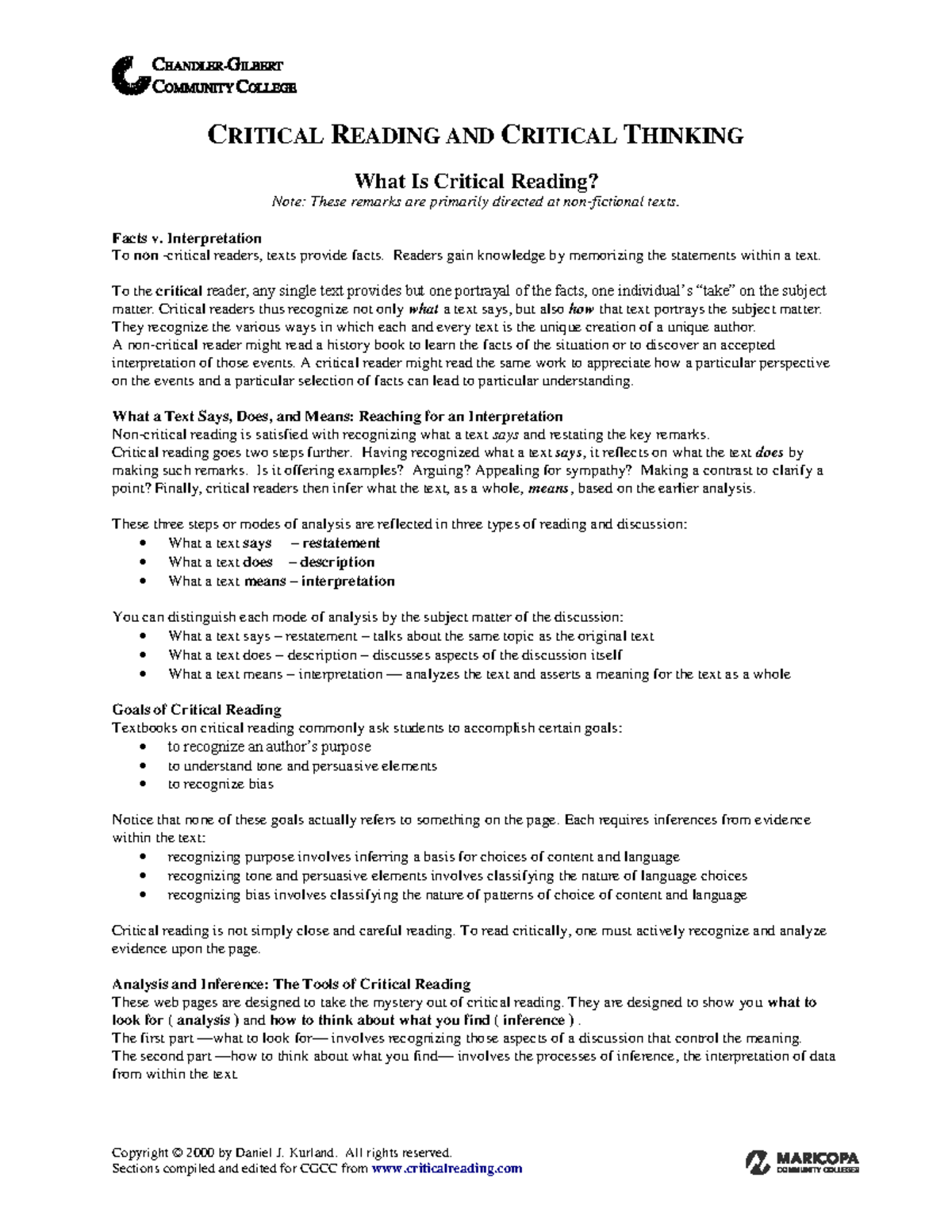 Critical reading Critical thinking - Copyright © 2000 by Daniel J ...