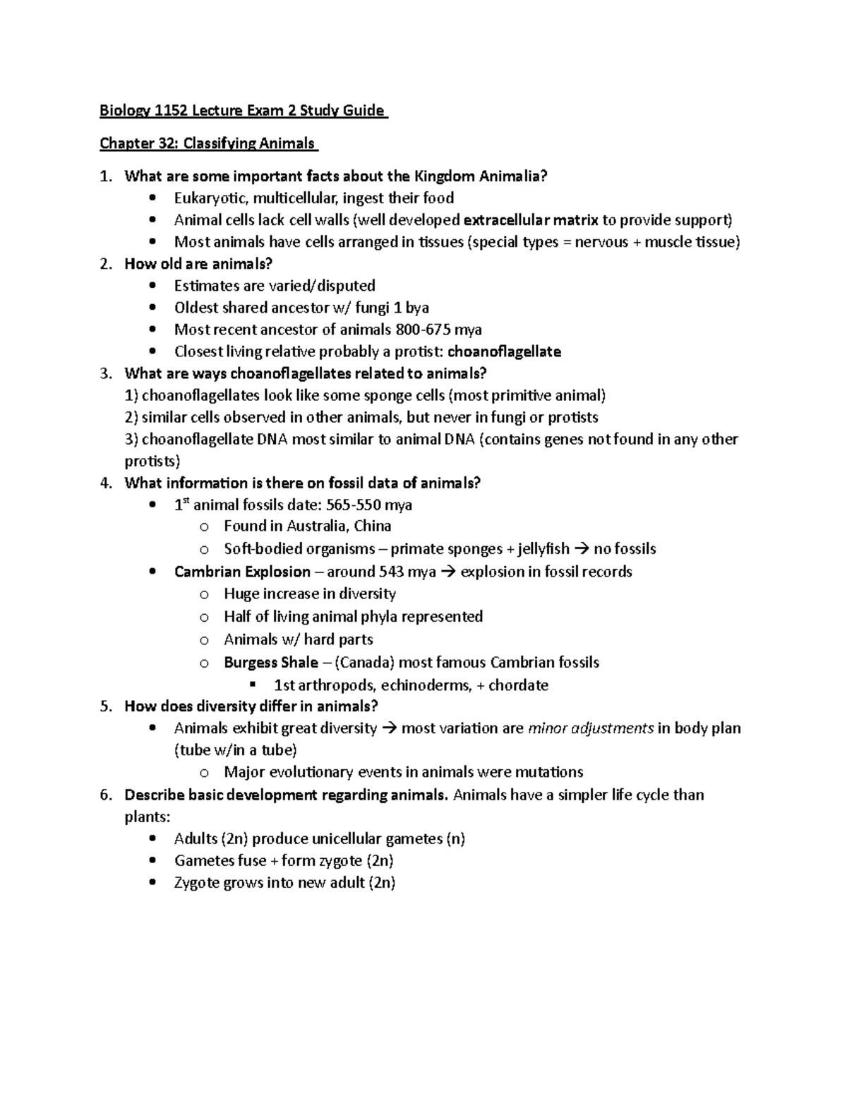 Biology 1152 Lecture Exam 2 Study Guide - Biology 1152 Lecture Exam 2 Study Guide Chapter 32 ...