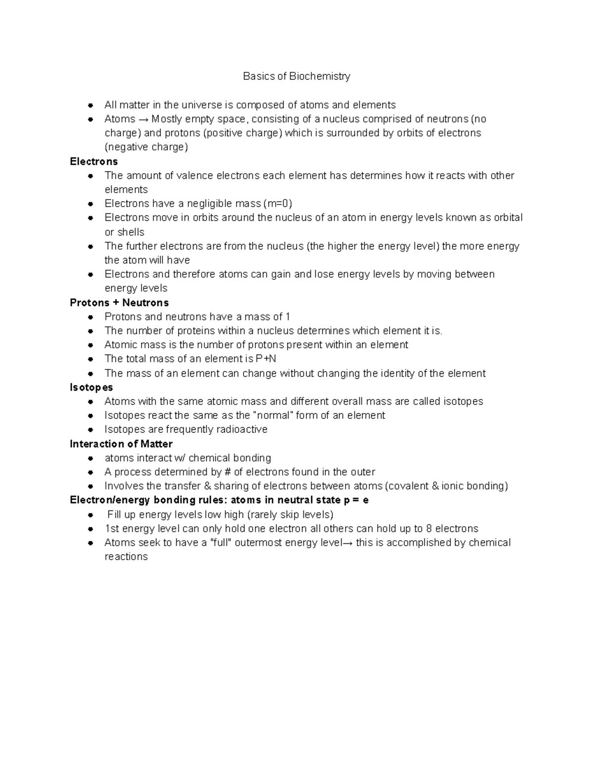 Bio 1107 Basics of Biochemistry - Basics of Biochemistry All matter in ...