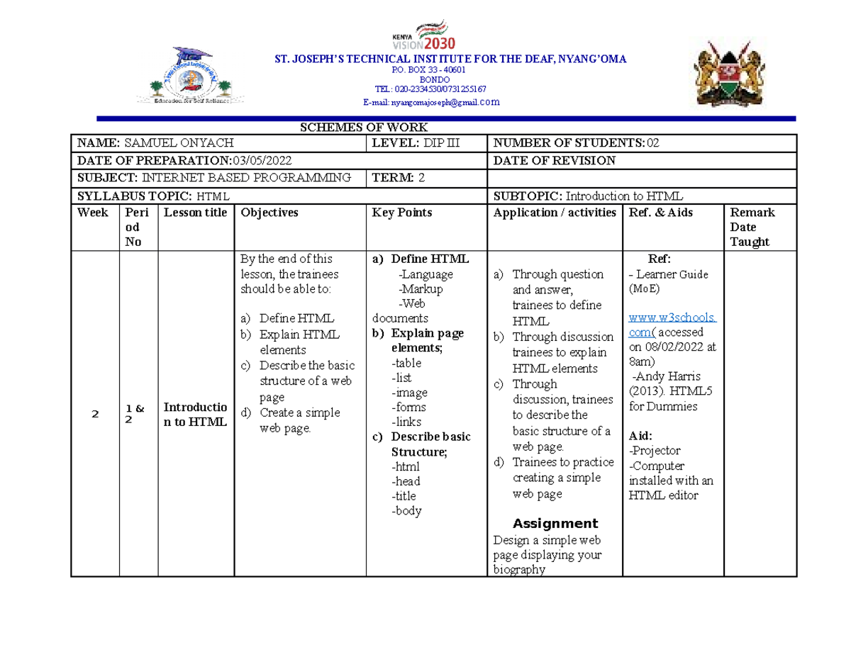 Week 2 period 1&2 sow - schemes - SCHEMES OF WORK NAME: SAMUEL ONYACH ...