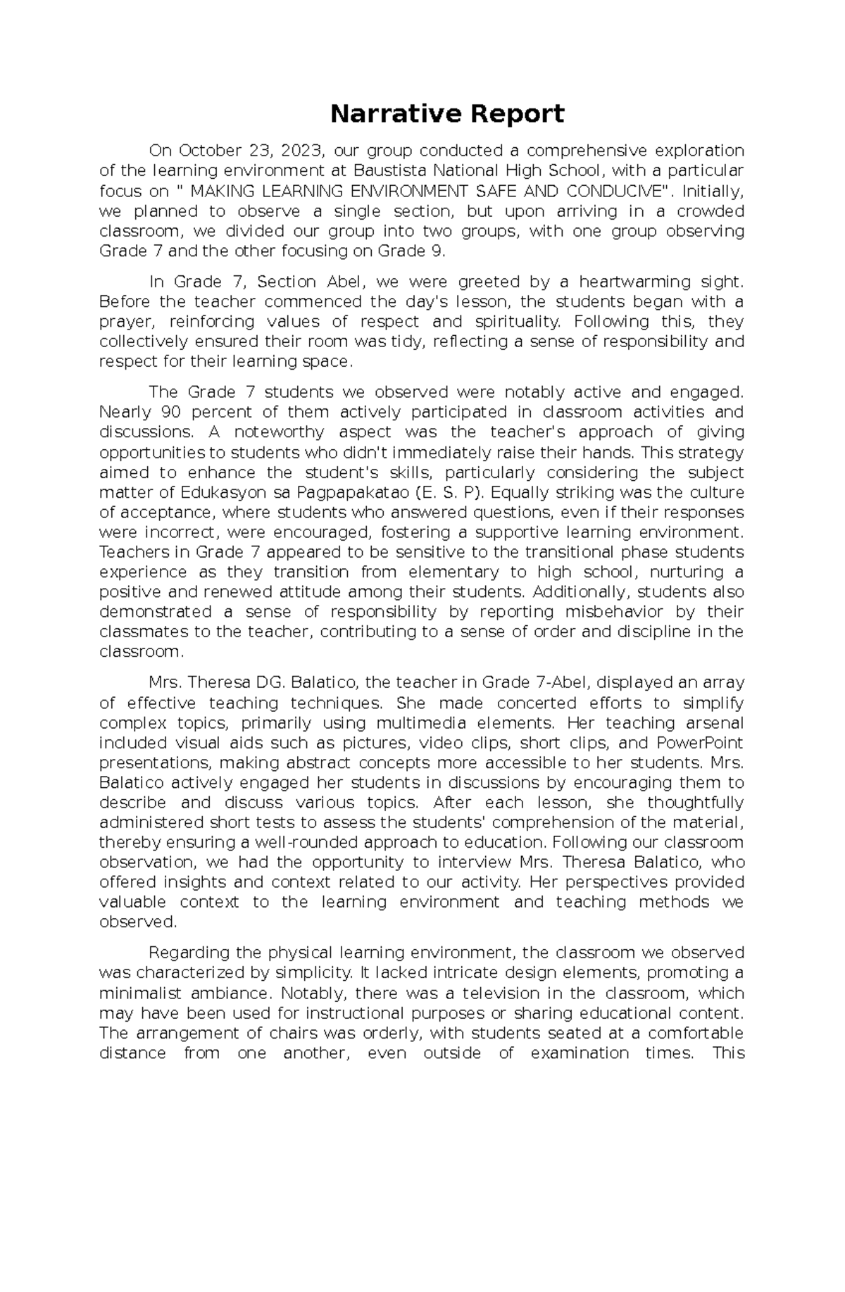 Making Learning Environment SAFE AND Conducive - Narrative Report On ...