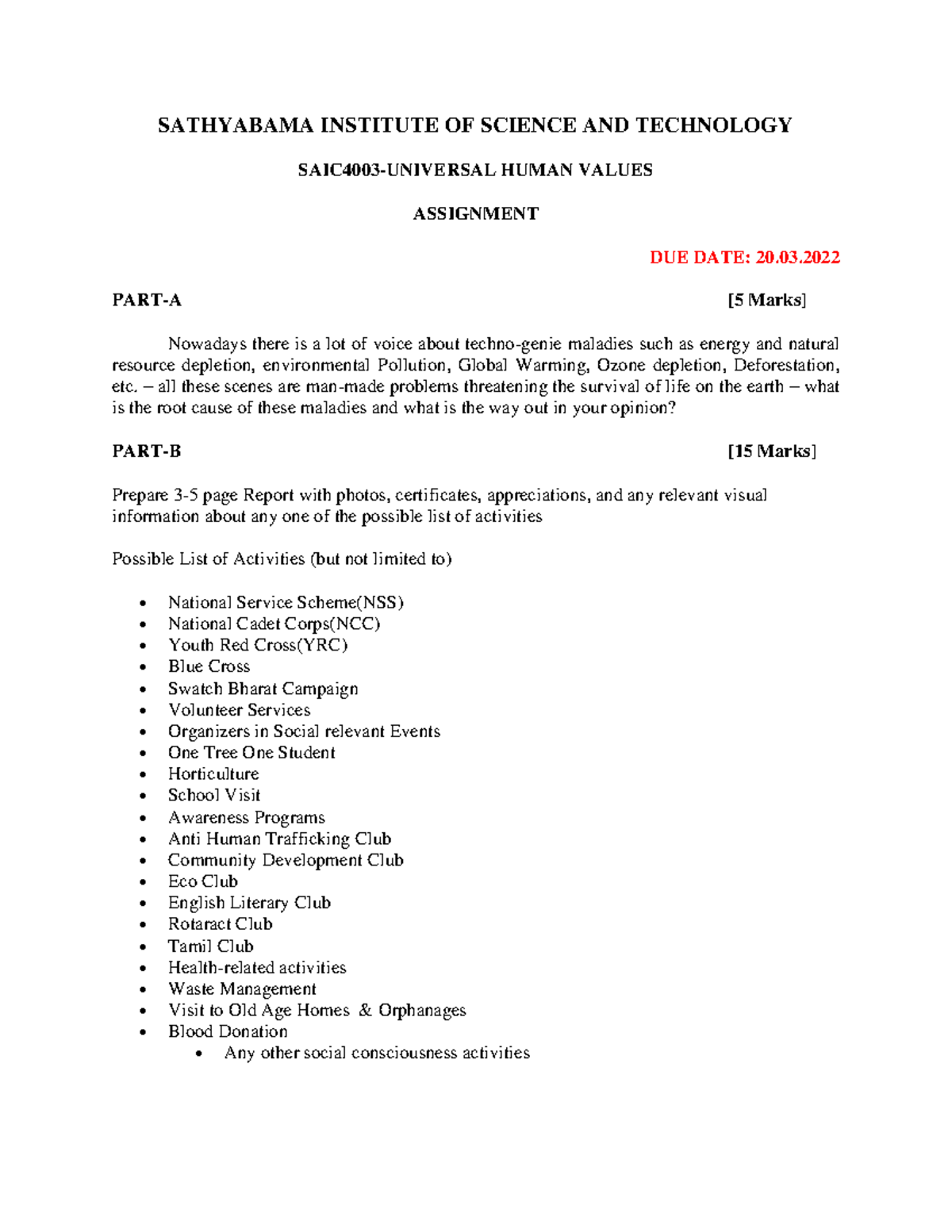 One student one tree - SATHYABAMA INSTITUTE OF SCIENCE AND TECHNOLOGY ...