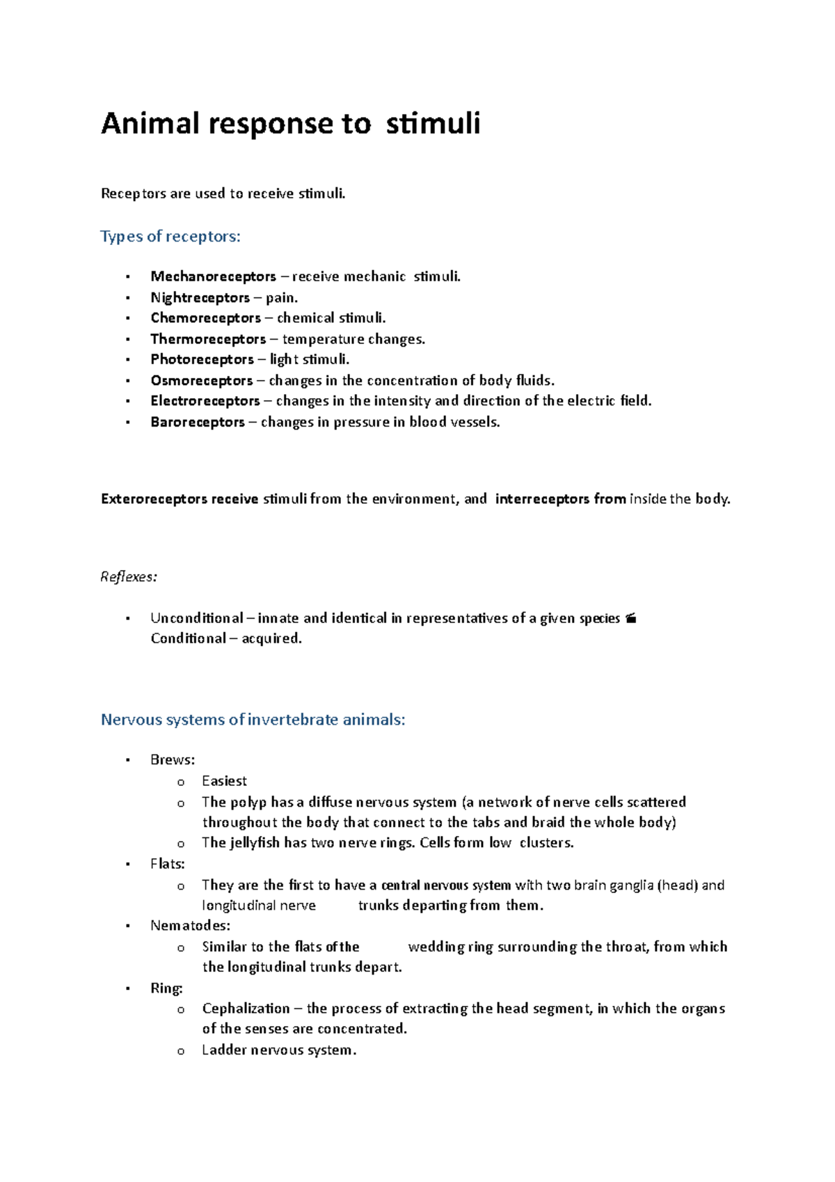 Animal response to stimuli - Animal response to stimuli Receptors are ...