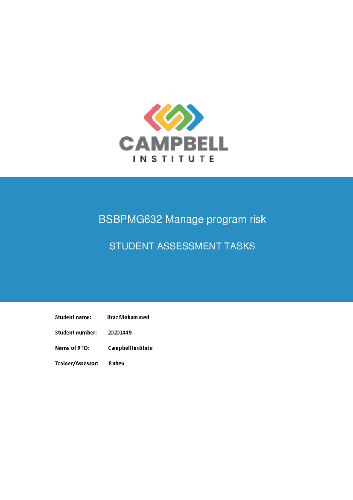 1. Ifraz Mohammed 20231449 Bsbpmg 632 Student Assessment Tasks 1 - BSBPMG632 Manage program risk ...