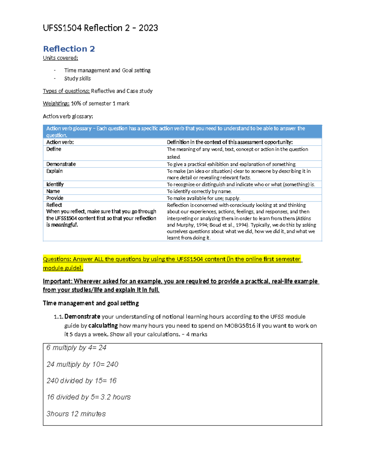 Reflection 2 worksheet Final - Reflection 2 Units covered: Time ...