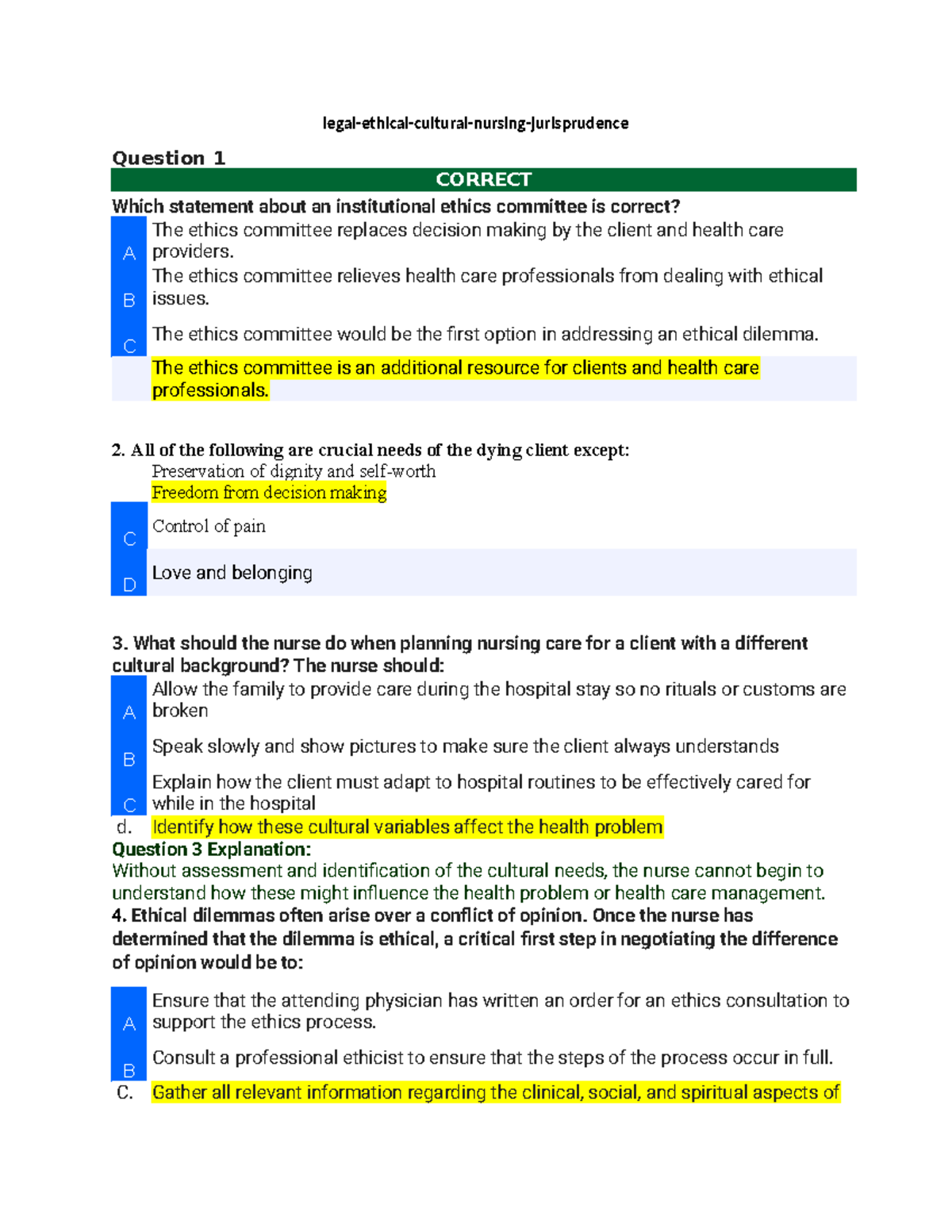 PN practice - legal-ethical-cultural-nursing-jurisprudence Question 1 ...