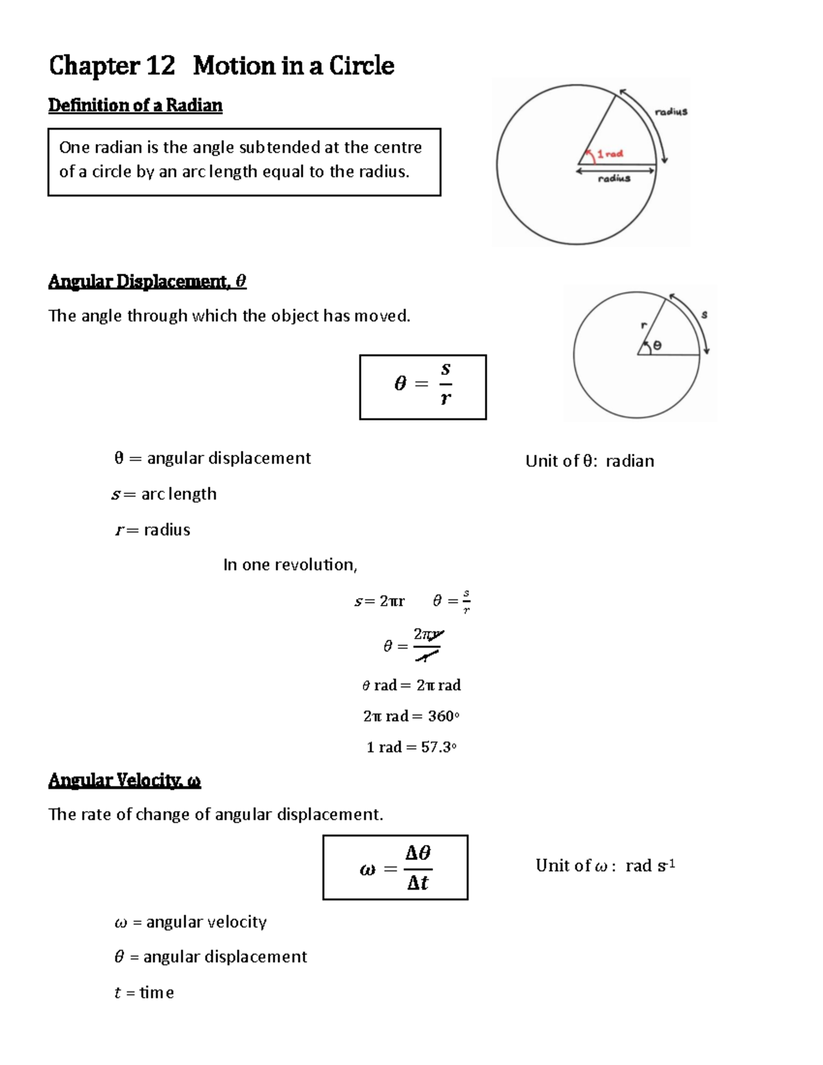 Chapter 12 Motion in a Circle - Chapter 12 Motion in a Circle Definition of a Radian Angular ...