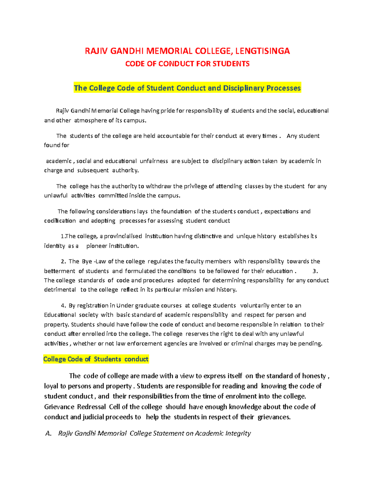 Code of conduct for students, teachers - RAJIV GANDHI MEMORIAL COLLEGE, LENGTISINGA CODE OF ...