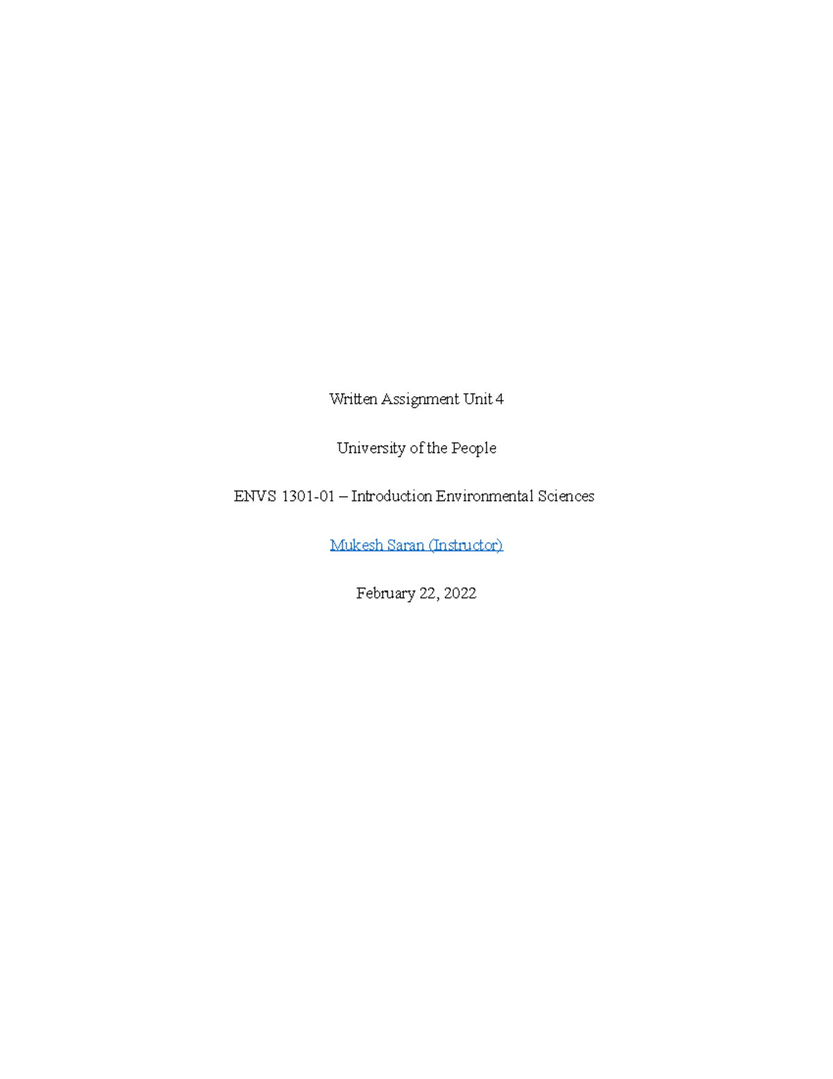 Written Assignment Unit 4 - ENVS 1301-01 – Introduction Environmental Sciences - Written ...