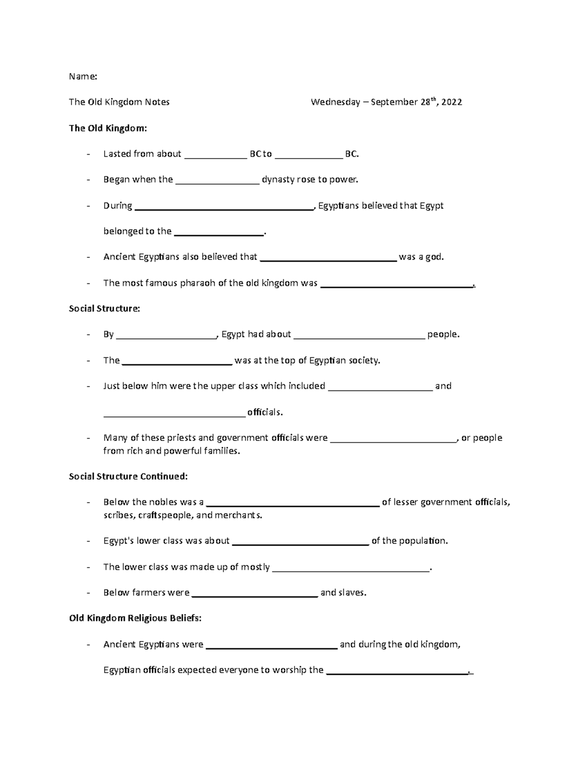 Old kingdom note sheet - Name: The Old Kingdom Notes Wednesday ...