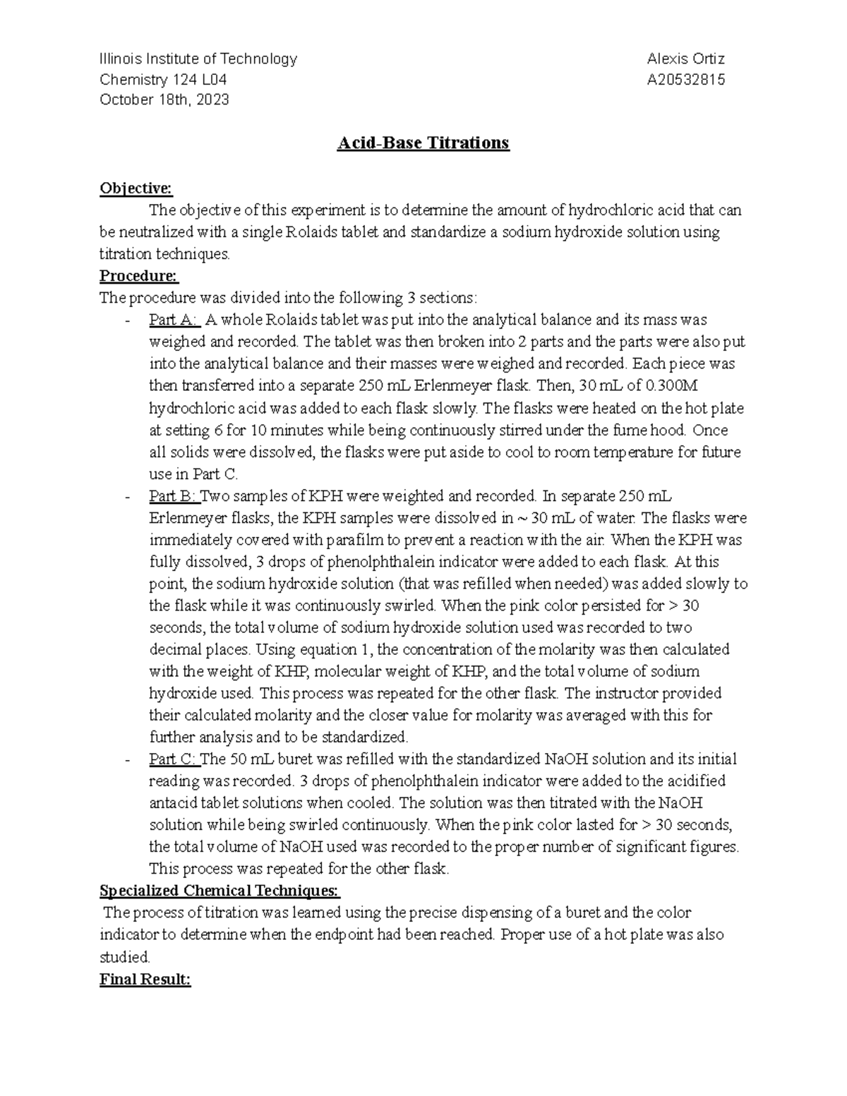 Acid-Base Titrations - Chemistry 124 L04 A October 18th, 2023 Acid-Base ...