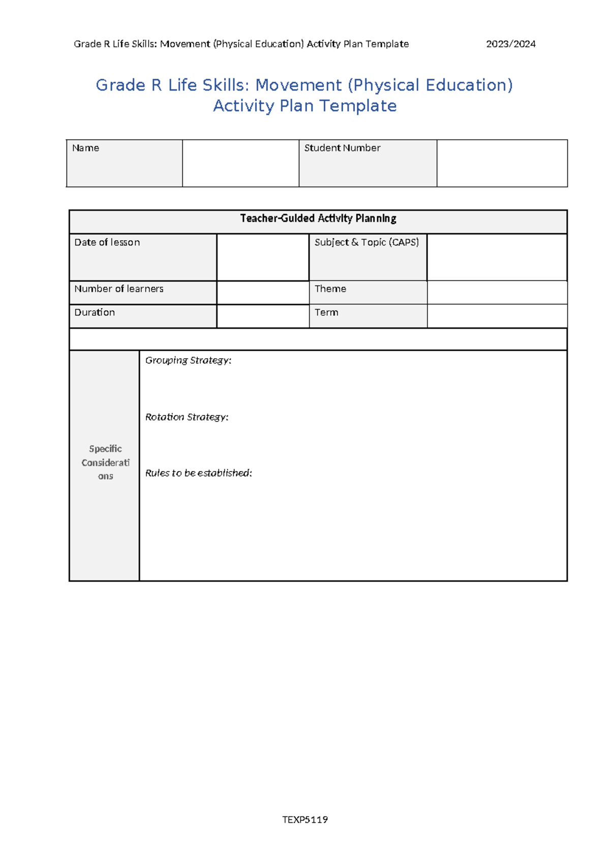 Grade R Life Skills Movement Activity Plan Template Word Grade R Life Skills Movement