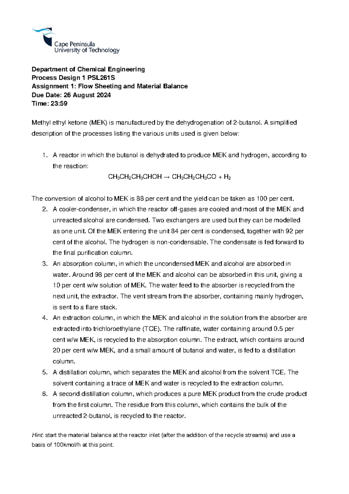 Material Balance Assignment 2024 - Department of Chemical Engineering ...