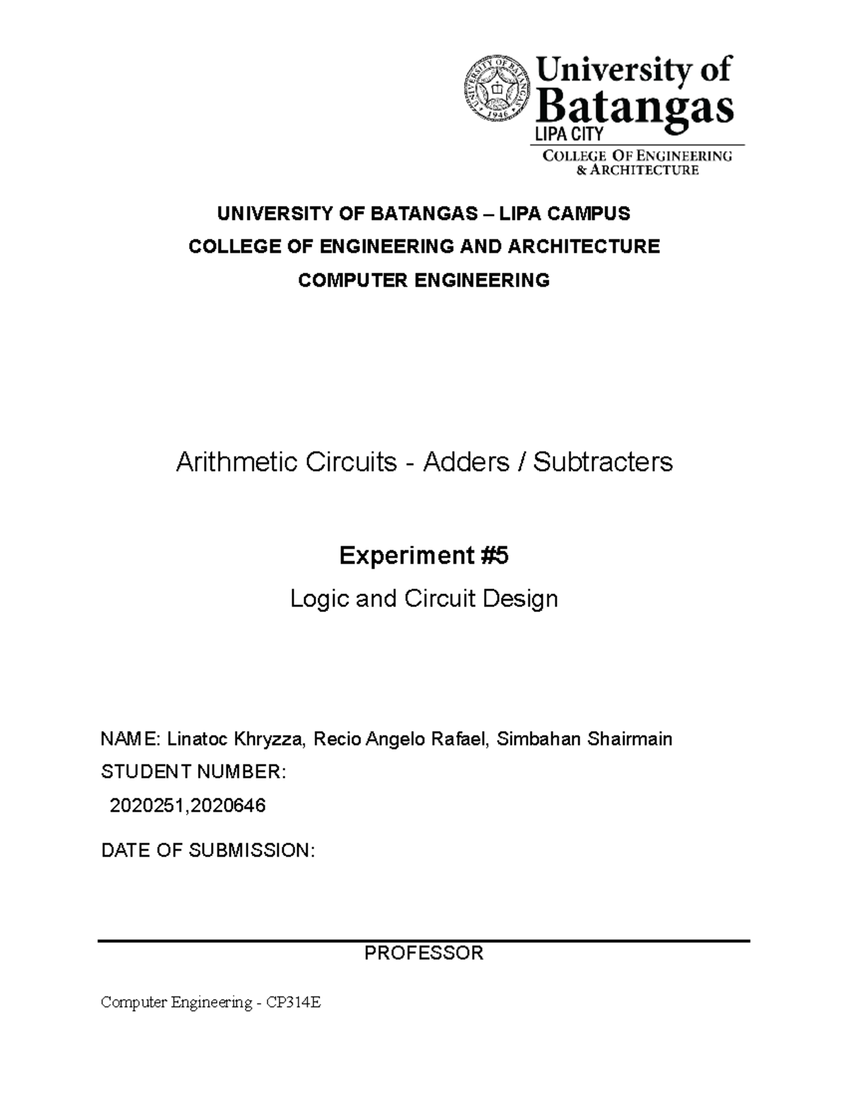 CP314E - experiment 5 - Computer Engineering - CP314E UNIVERSITY OF BATANGAS – LIPA CAMPUS ...