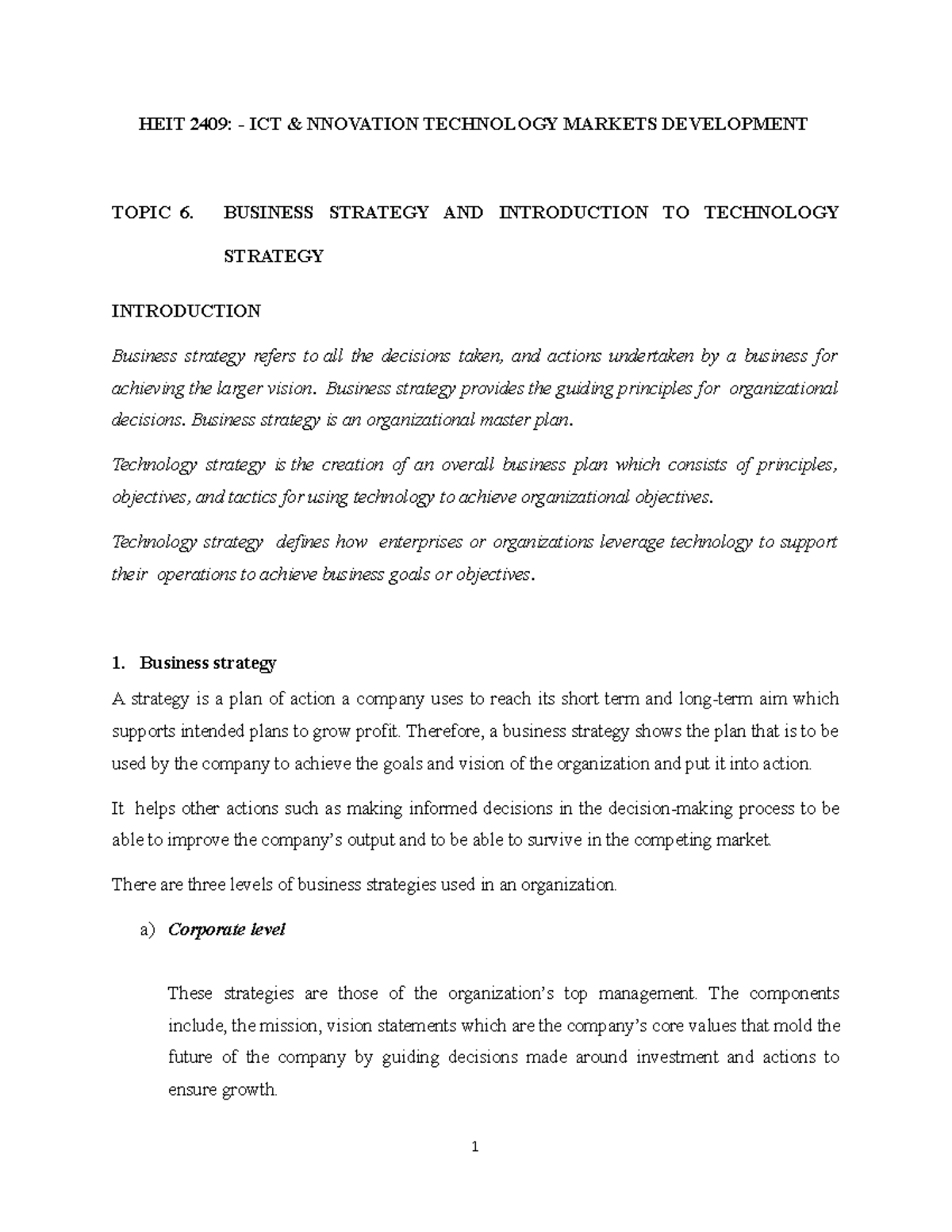 Business strategy and Introduction to Technology strategy - HEIT 2409 ...