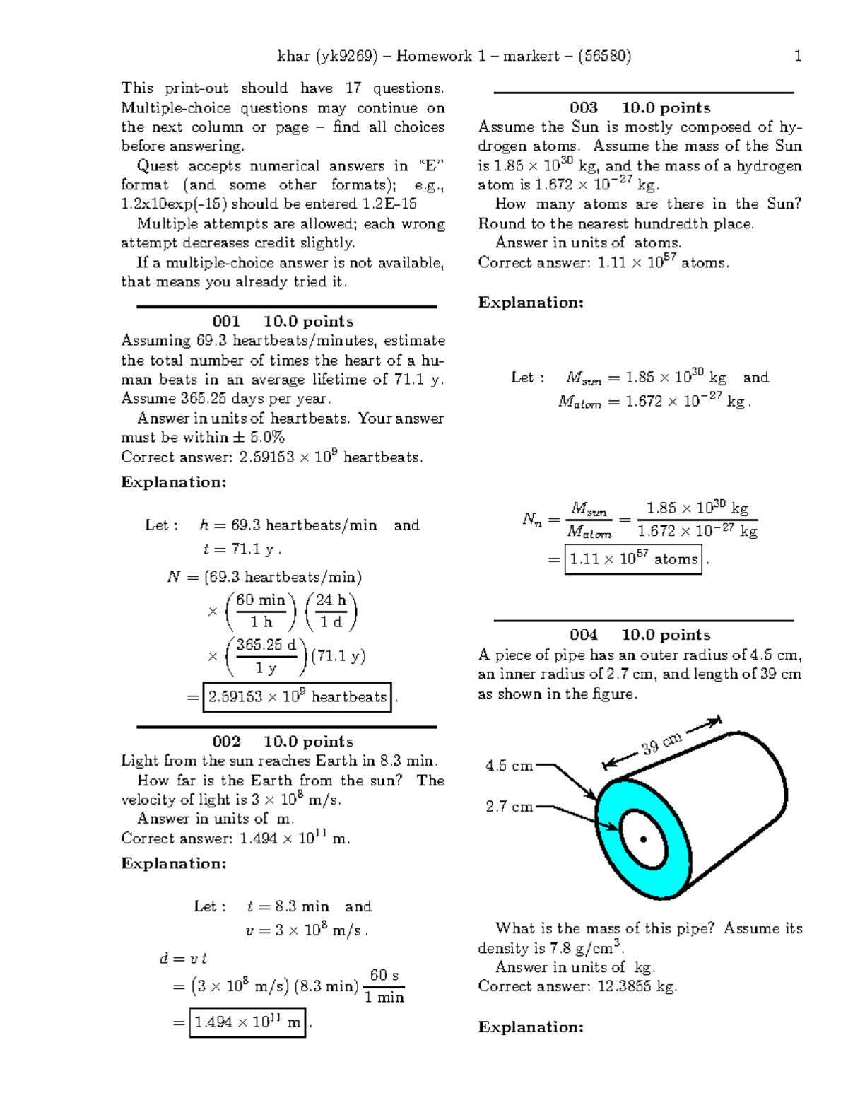 PHY 301 HW #1-solutions - This print-out should have 17 questions. Multiple-choice questions may ...