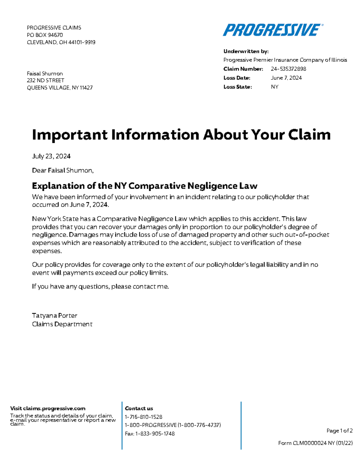 24-535372898 7-23-2024 Regulatory Regulation 64 Letter - PROGRESSIVE ...