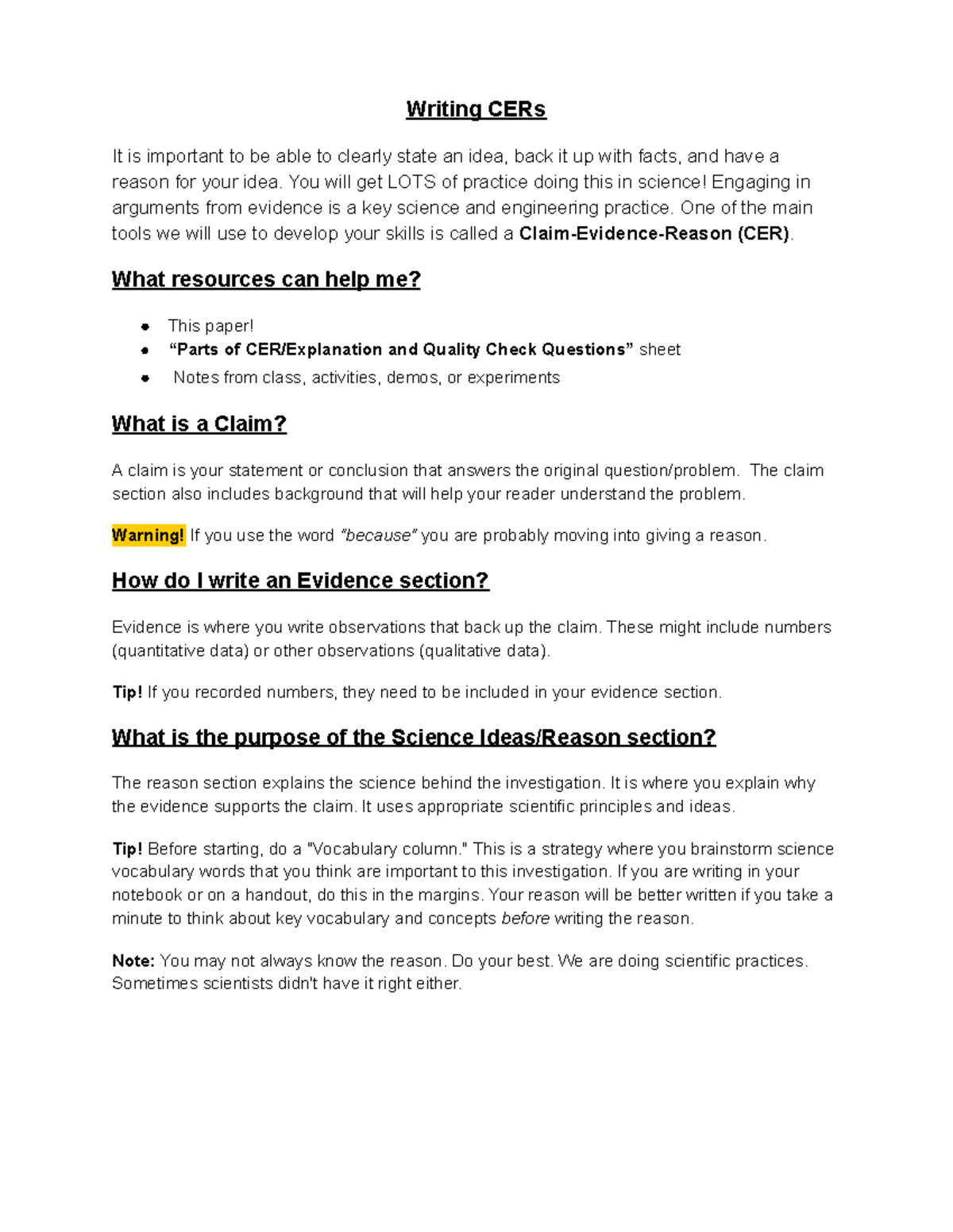 CER guidelines - This is to help you with your CER's . - Writing CERs ...