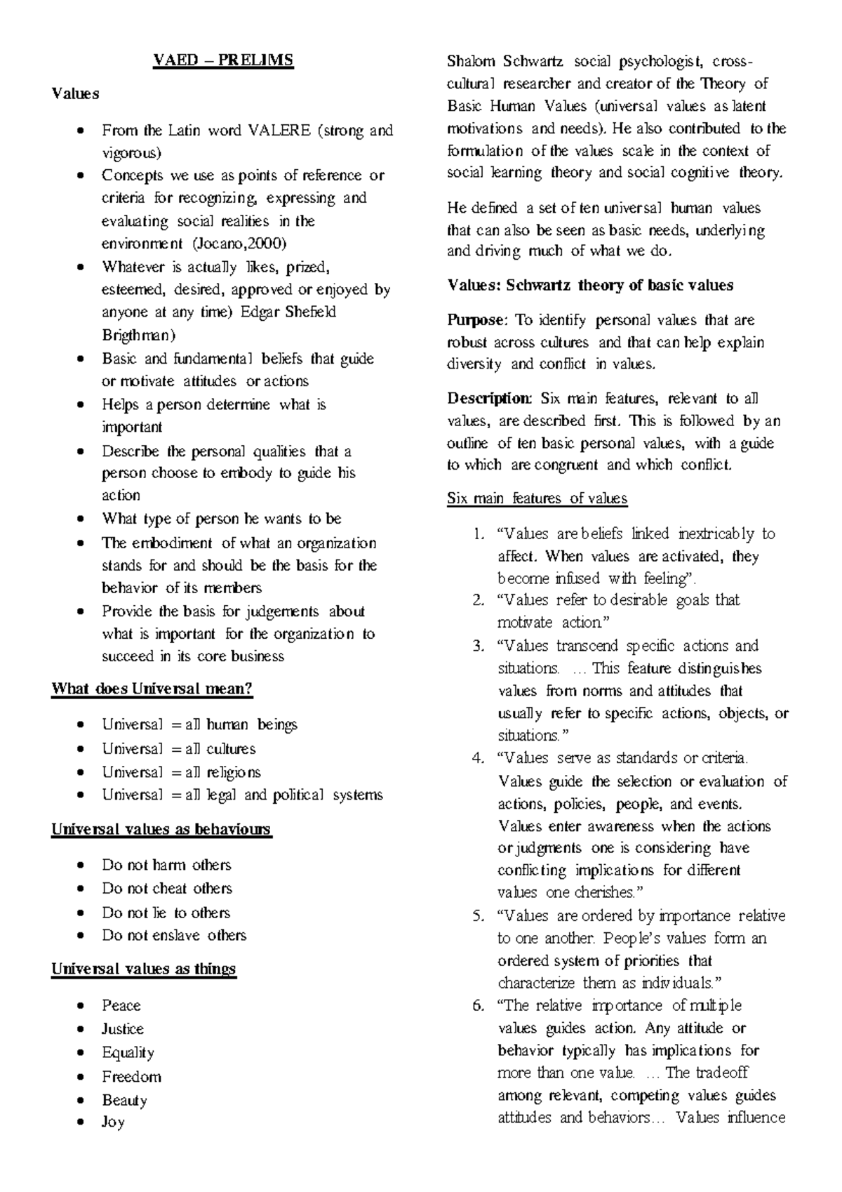 VAED1 - prelim reviewer - VAED – PRELIMS Values From the Latin word ...