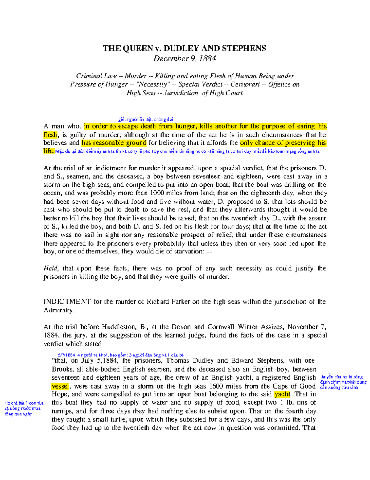 Queenv DS - THE QUEEN v. DUDLEY AND STEPHENS December 9, 1884 Criminal ...