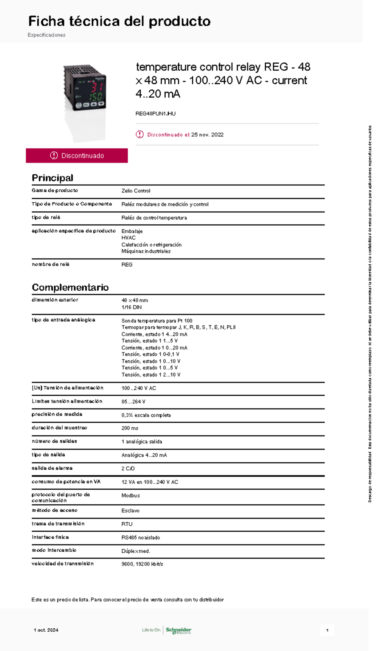 Schneider Electric Relés-Harmony-Control REG48PUN1JHU - Discontinuado ...