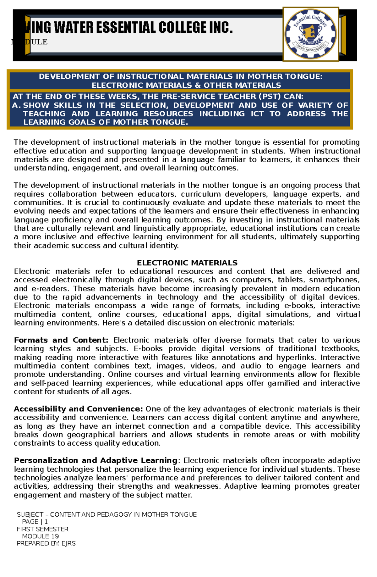 CPMT Module 19 - N/A - MODULE DEVELOPMENT OF INSTRUCTIONAL MATERIALS IN ...