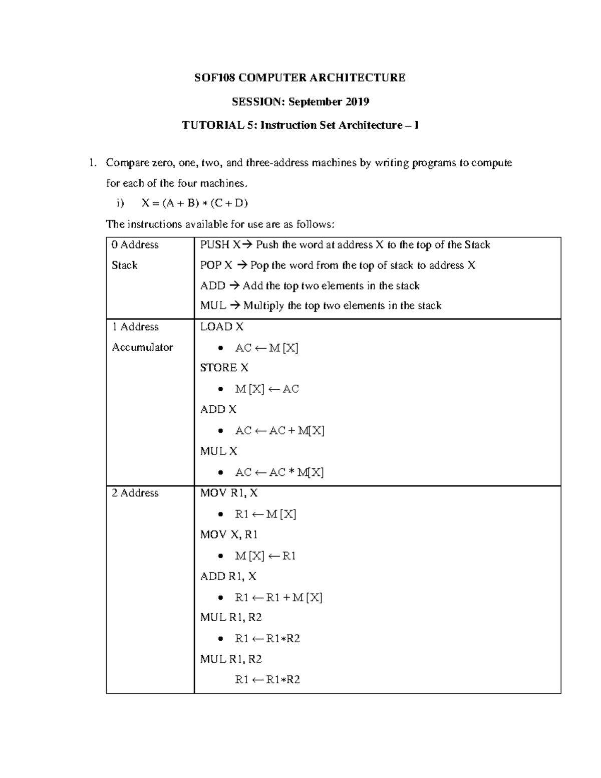 Tutorial 5 Answers - SOF108 COMPUTER ARCHITECTURE SESSION: September 2019 TUTORIAL 5 ...
