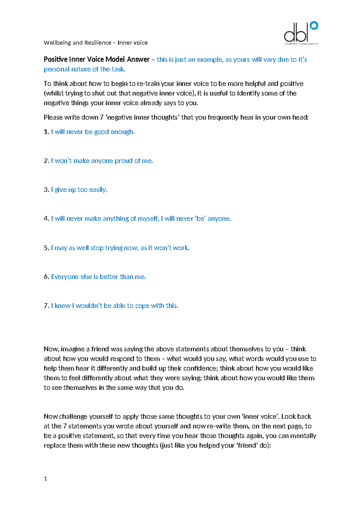 1.1 Positive Inner Voice Model Answer v0 - Wellbeing and Resilience ...