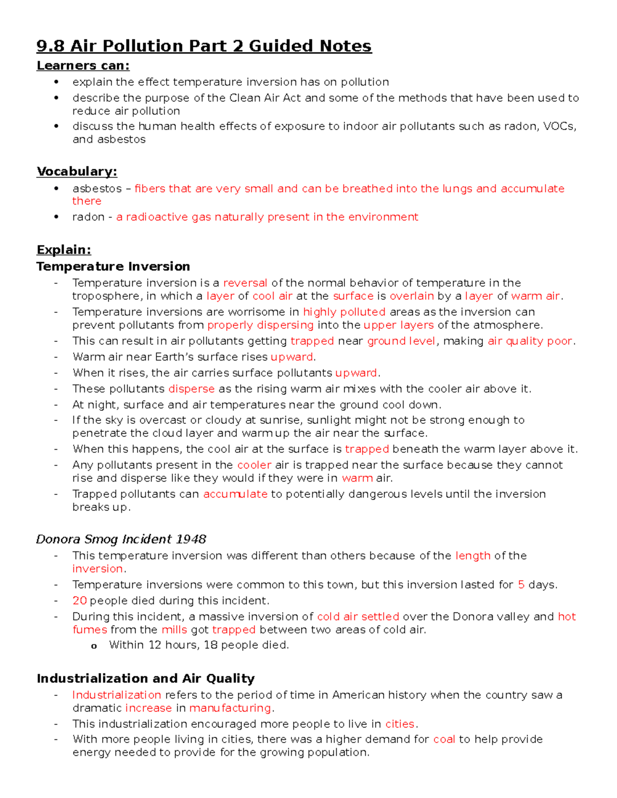 Air Pollution Part 2 Guided Notes Completed - 9 Air Pollution Part 2 ...