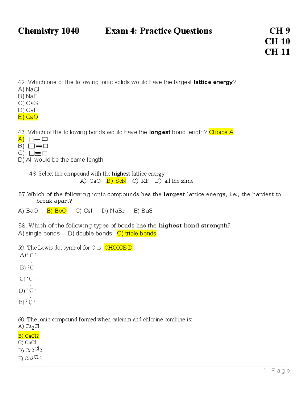 Practice Exam 4 Questions Key-1 - Chemistry 1040 Exam 4: Practice ...