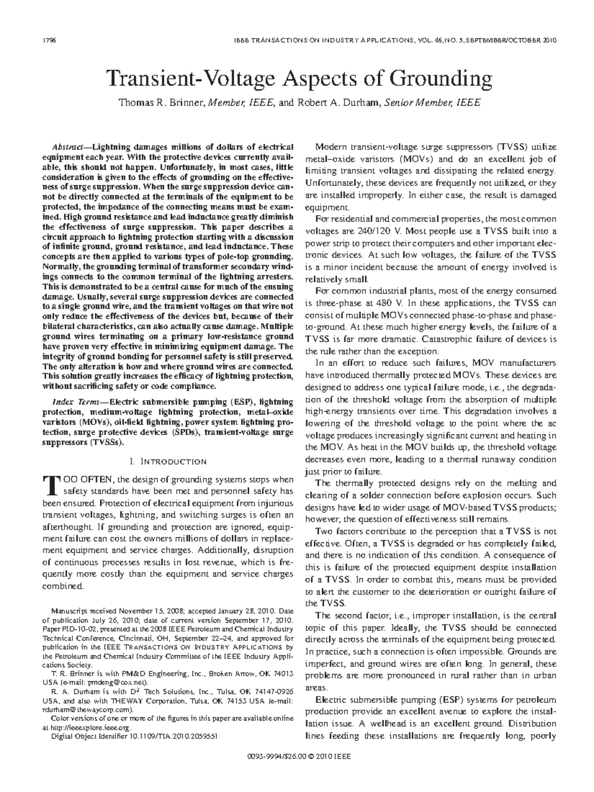 Transient Voltage Aspects of Grounding - 1796 IEEE TRANSACTIONS ON INDUSTRY APPLICATIONS, VOL ...