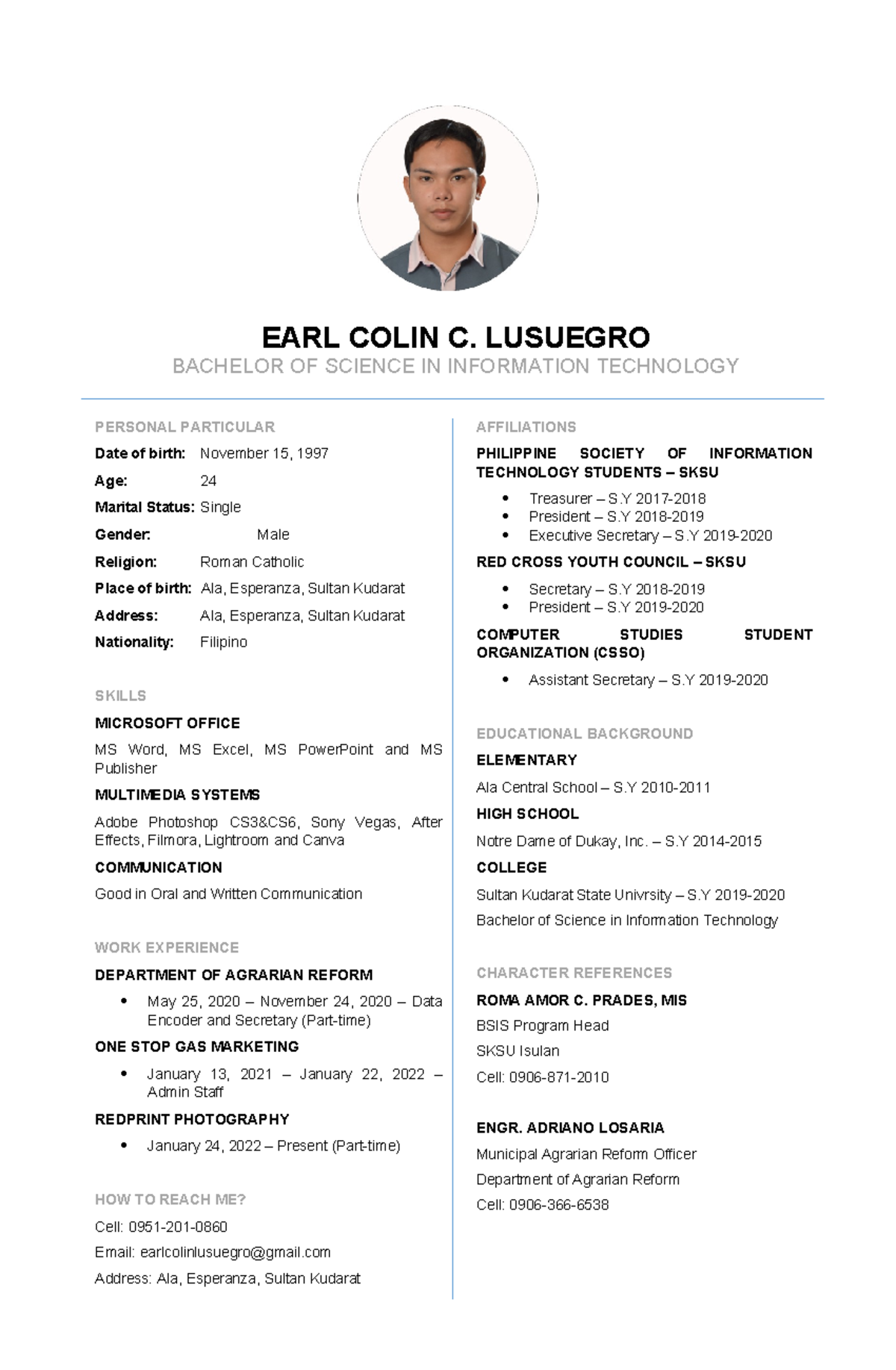 Share Colin Resume - PERSONAL PARTICULAR Date of birth: November 15 ...