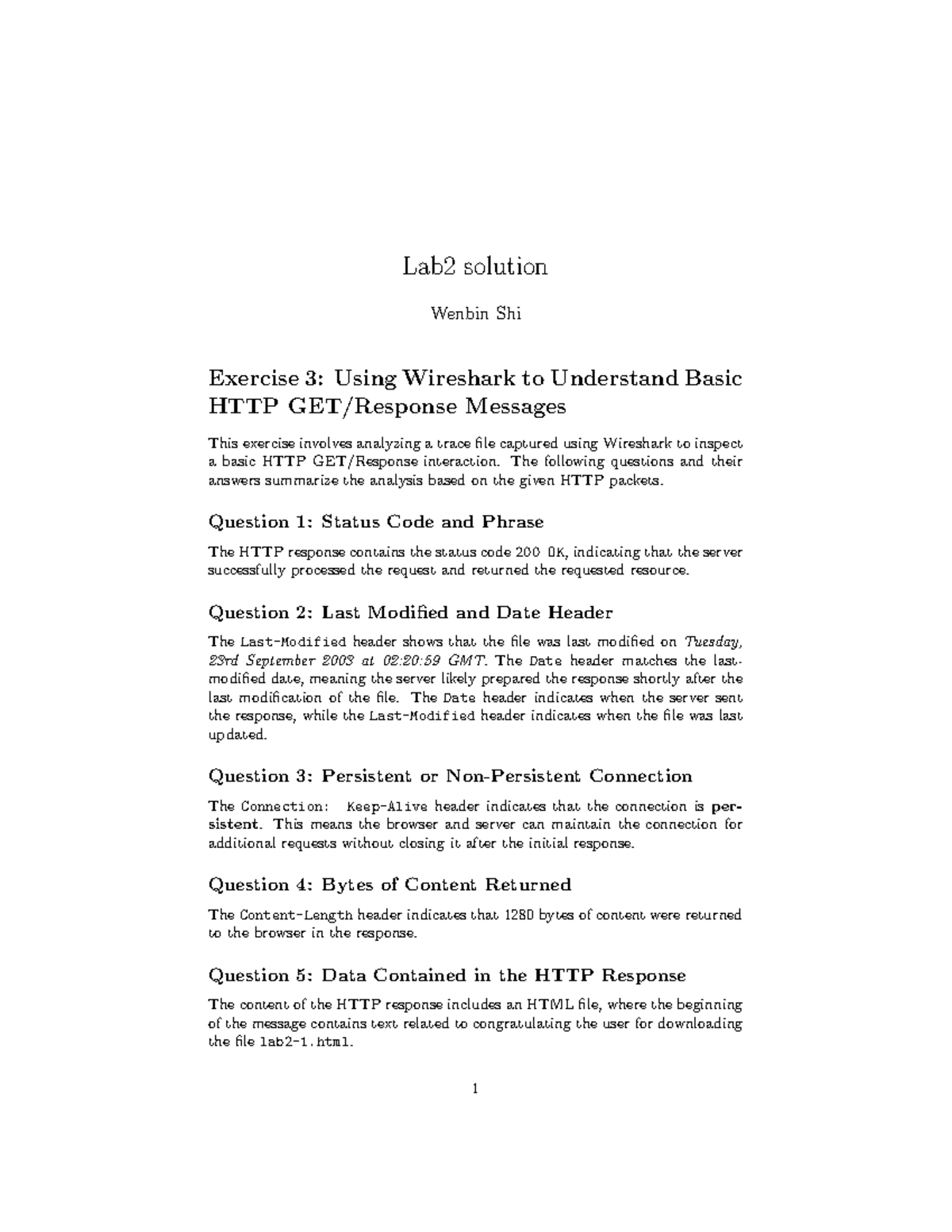 Lab2 - LAB2 - Lab2 solution Wenbin Shi Exercise 3: Using Wireshark to Understand Basic HTTP ...