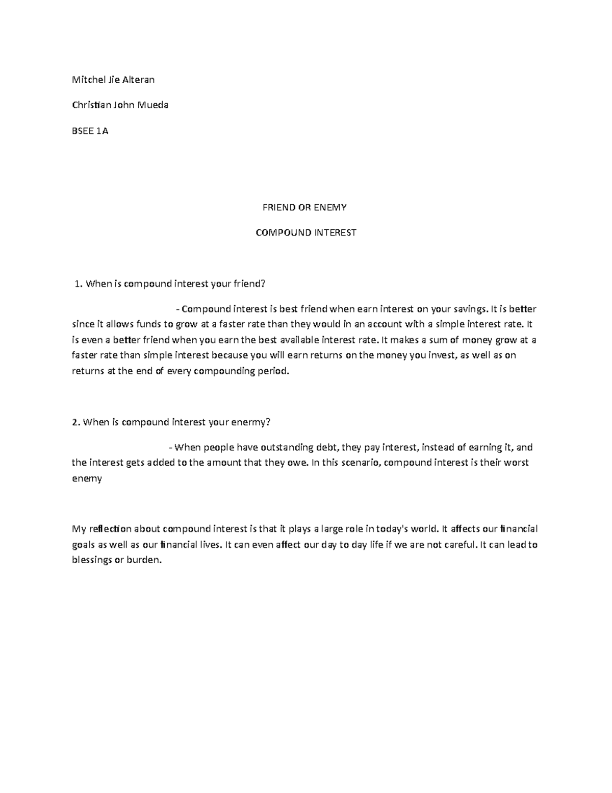 Compound Interest - No one - Mitchel Jie Alteran Christian John Mueda ...