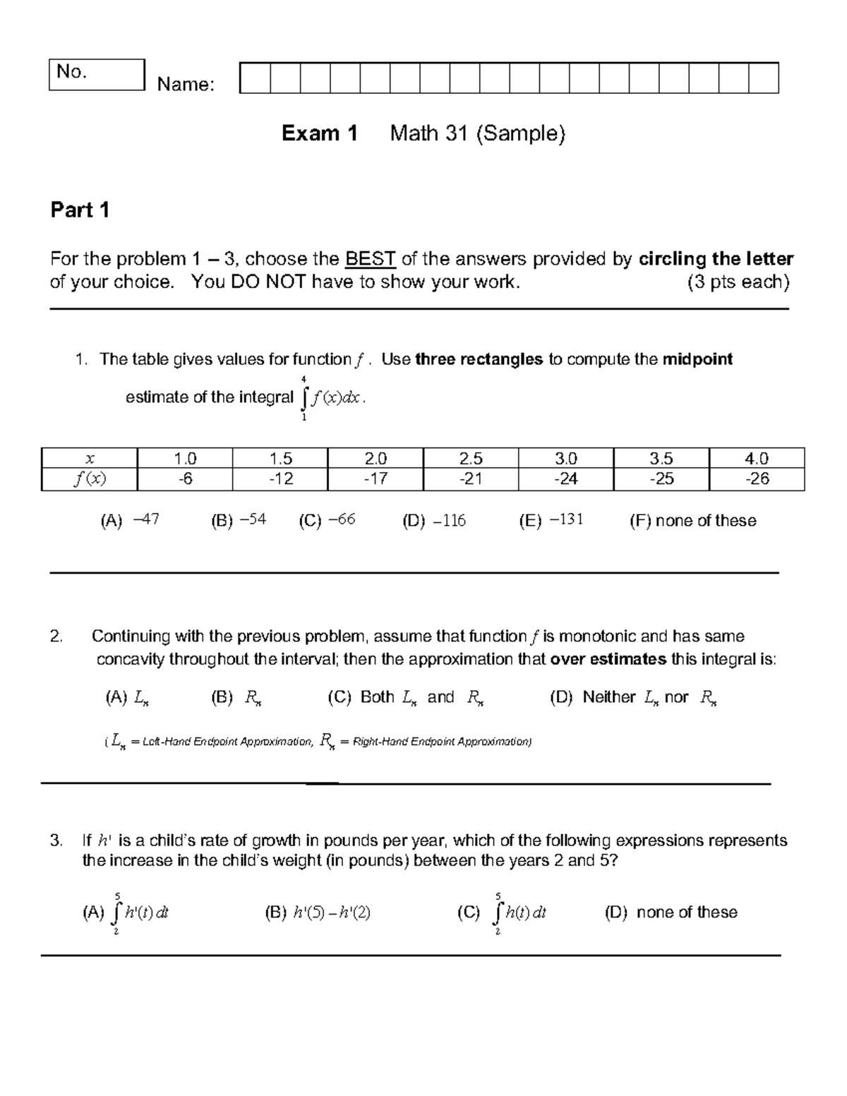 Math31 Exam 1 (Sample) - Name: Exam 1 Math 31 (Sample) Part 1 For the ...