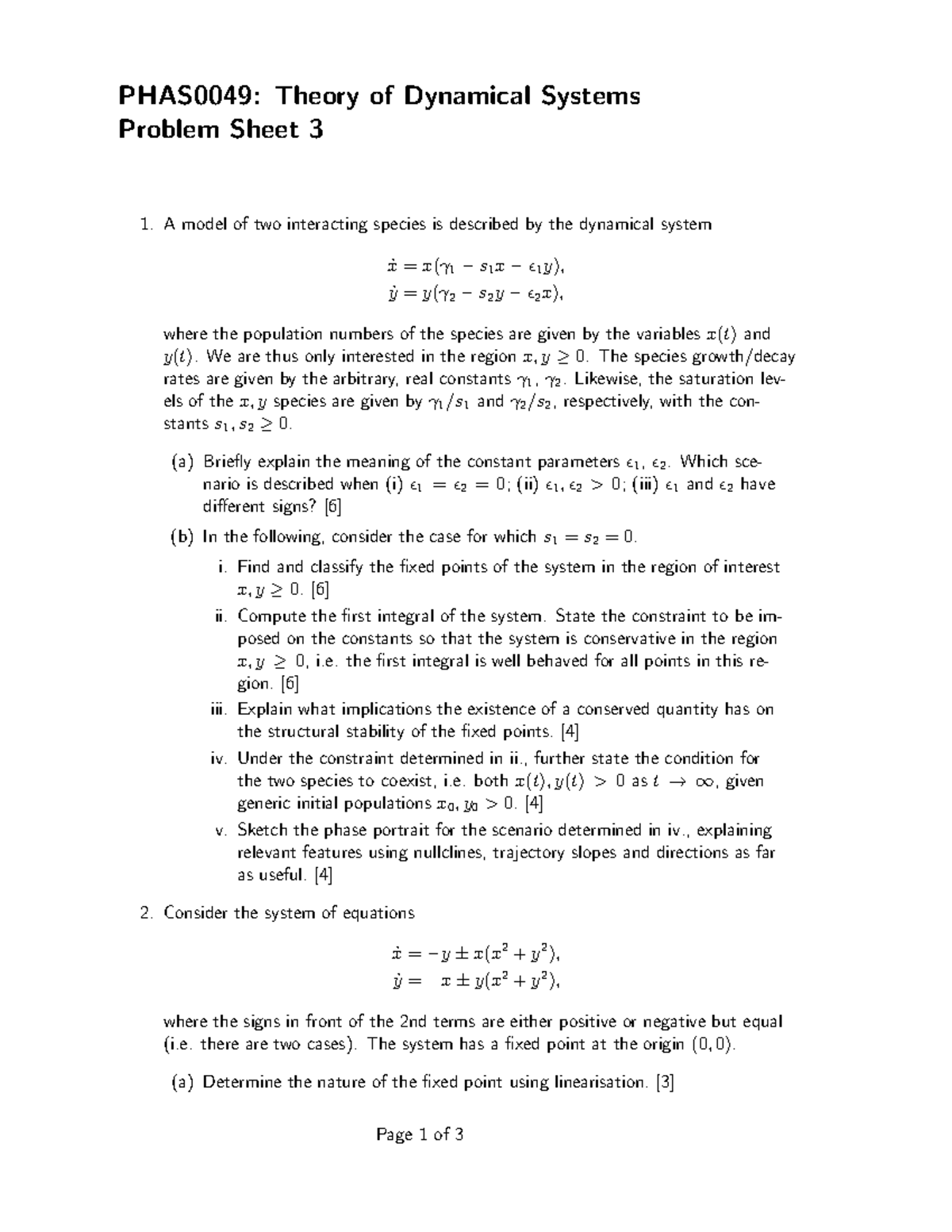 Problem Sheet 3 Questions - PHAS0049: Theory of Dynamical Systems ...