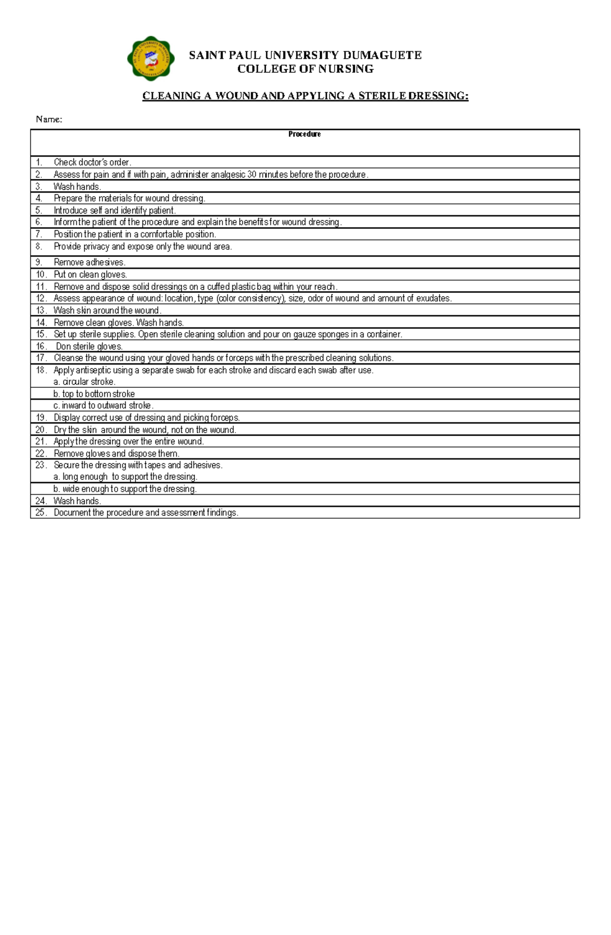 Cleaning A Wound AND Applying A Sterile Dressing - SAINT PAUL ...