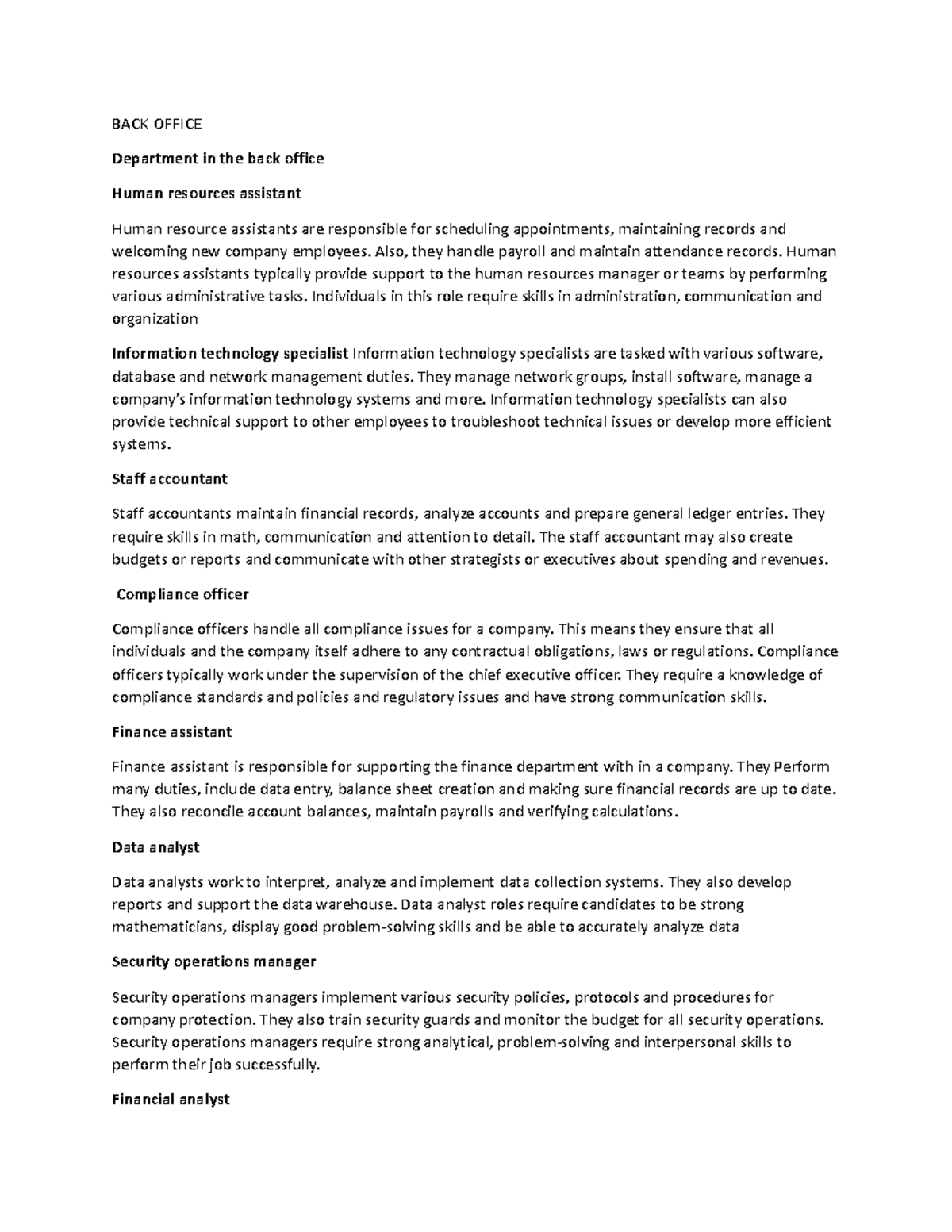 Back office - am in year 2 second semester - BACK OFFICE Department in ...