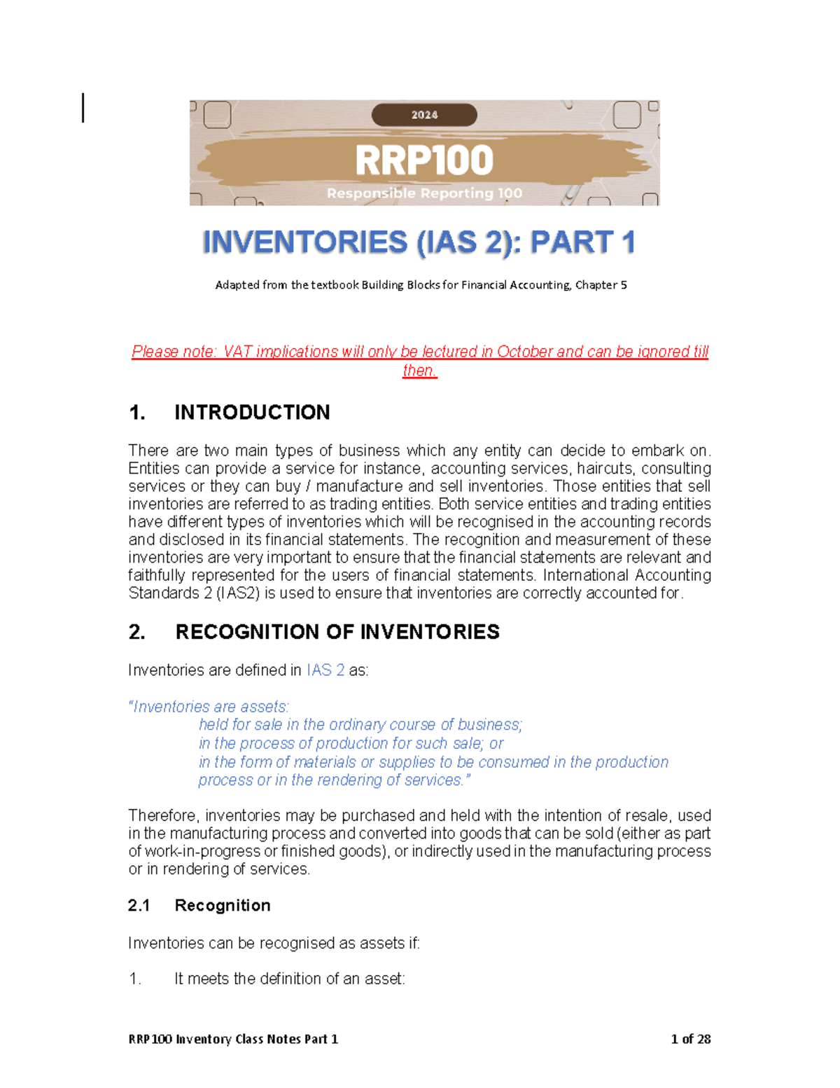 Inventory Class notes Part 1 2024 - INVENTORIES (IAS 2): PART 1 Adapted ...