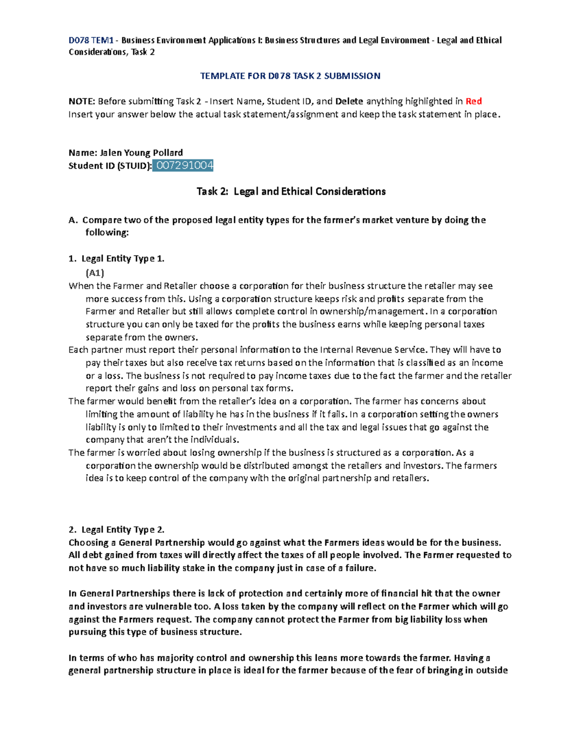 D078 Task 2 Answers copy - D078 TEM1 - Business Environment ...