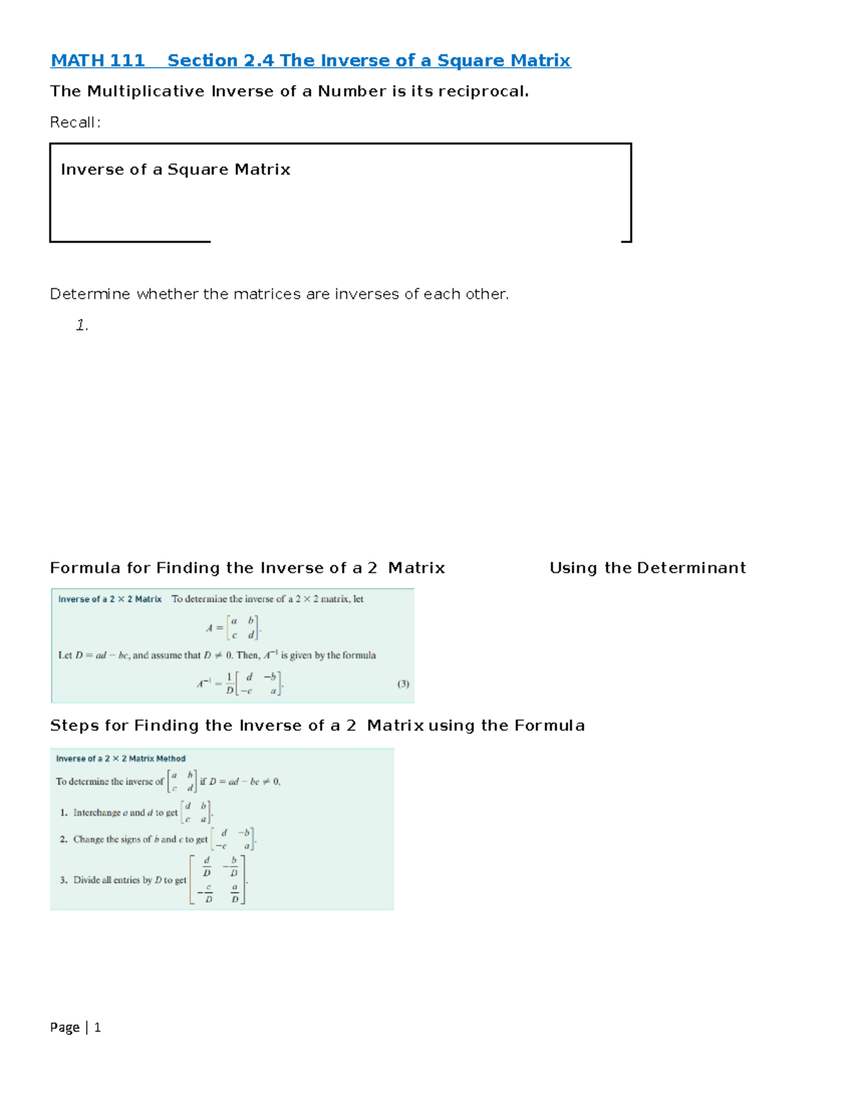 2.4 The Inverse of a Square Matrix - MATH 111 Section 2 The Inverse of ...