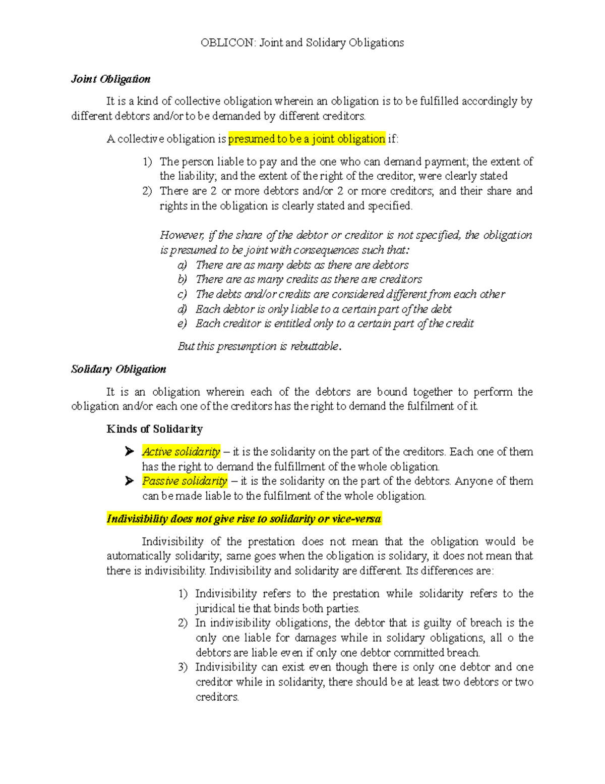 Oblicon - Chapter 6 - OBLICON: Joint and Solidary Obligations Joint ...